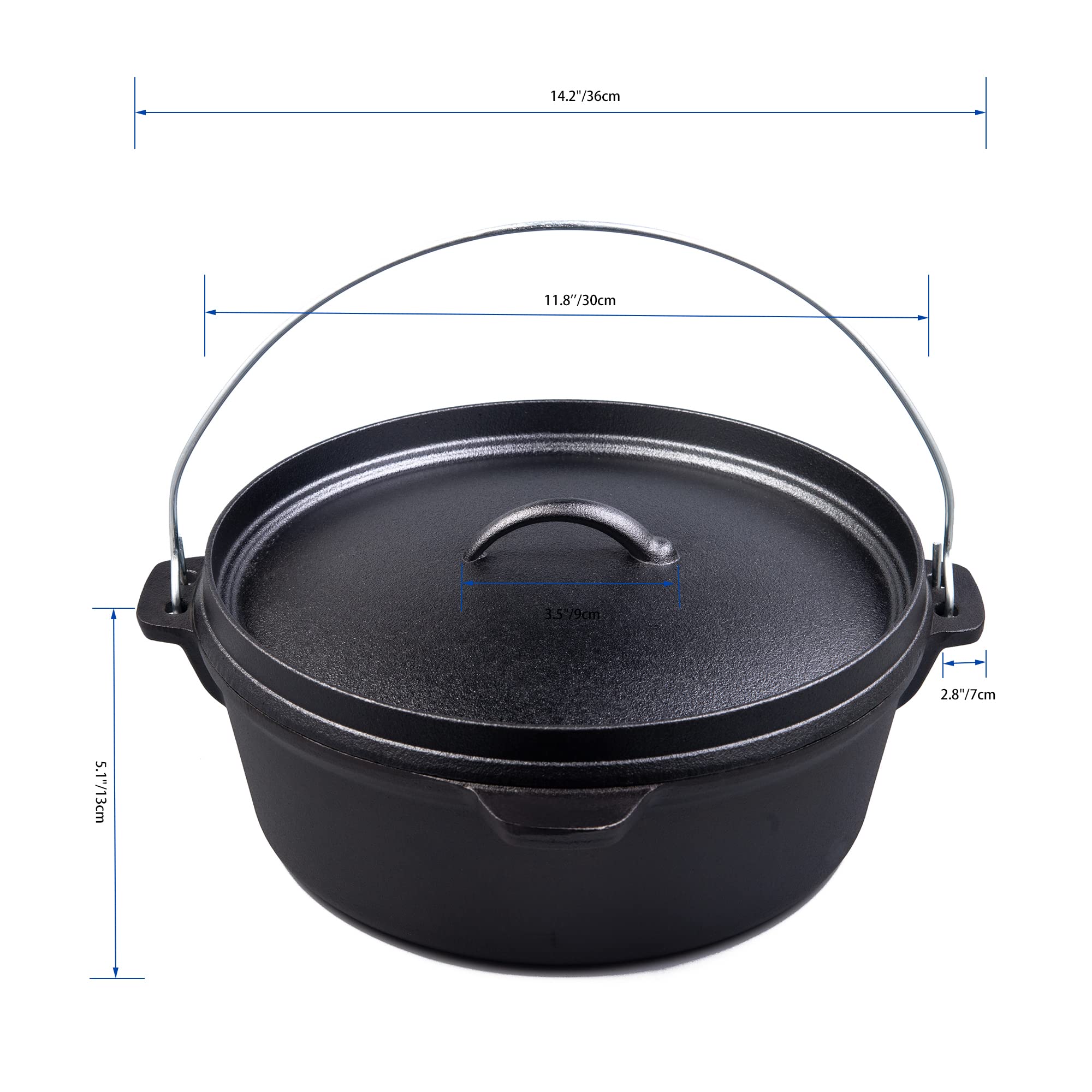 LACAST Cast Iron Camping Dutch Oven, 6-Quart Seasoned Cast Iron Pot with Lid Lifter, Perfect for Campfire or Fireplace Cooking (002)