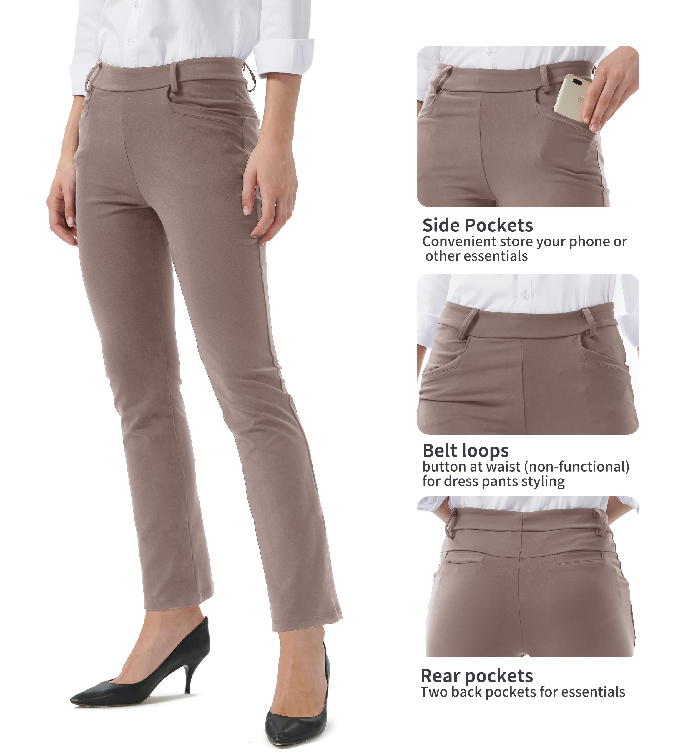 Keolorn Dress Pants Bootcut Yoga Pants for Women with Pockets High Waisted Workout Pants for Women Pull on Stretch Trousers(Light Brown,L)