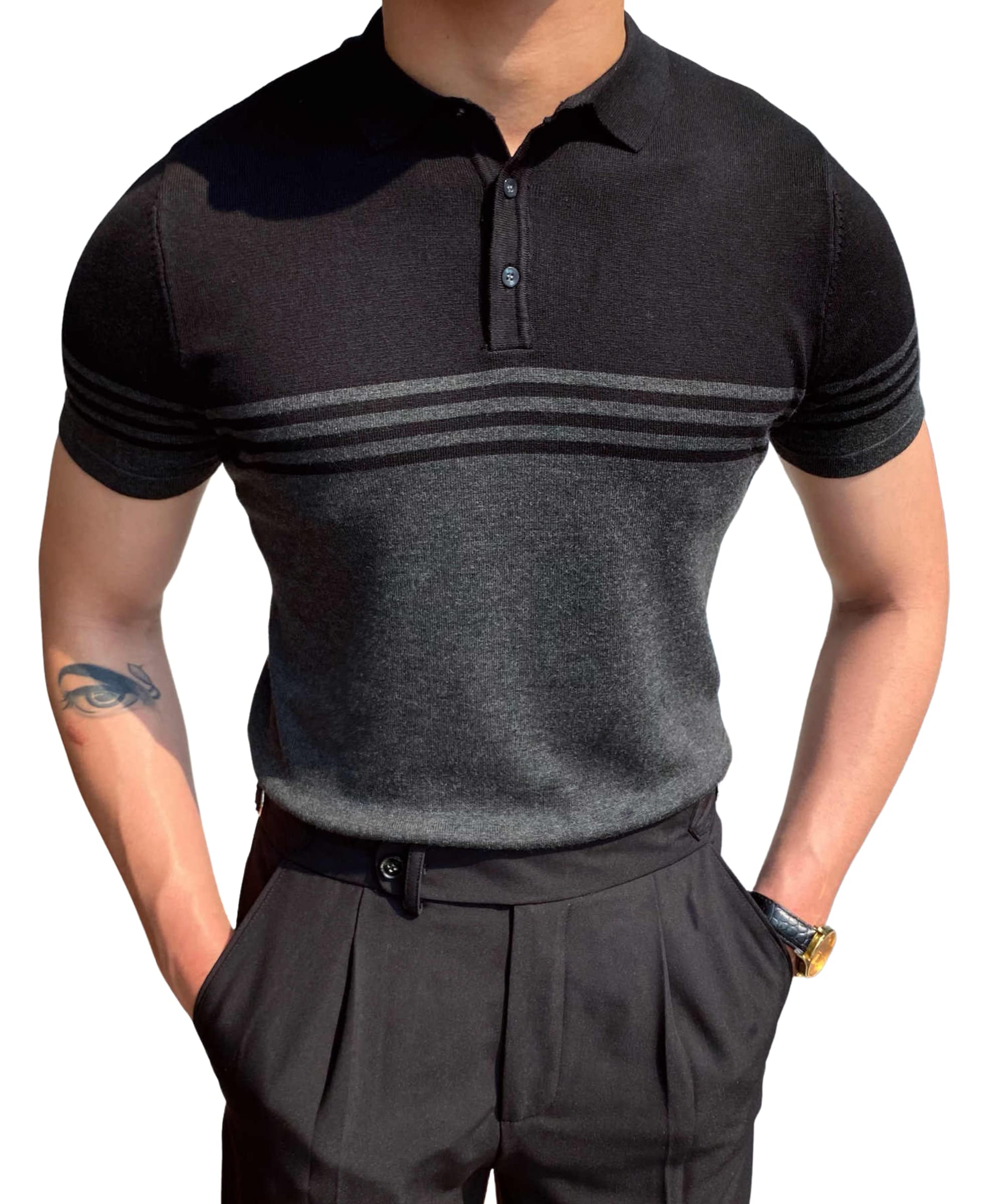 Mens Short Sleeve Knit Polo Shirts Casual Stripe Color Block Classic Fit Golf T-Shirts Button Lightweight Tees
