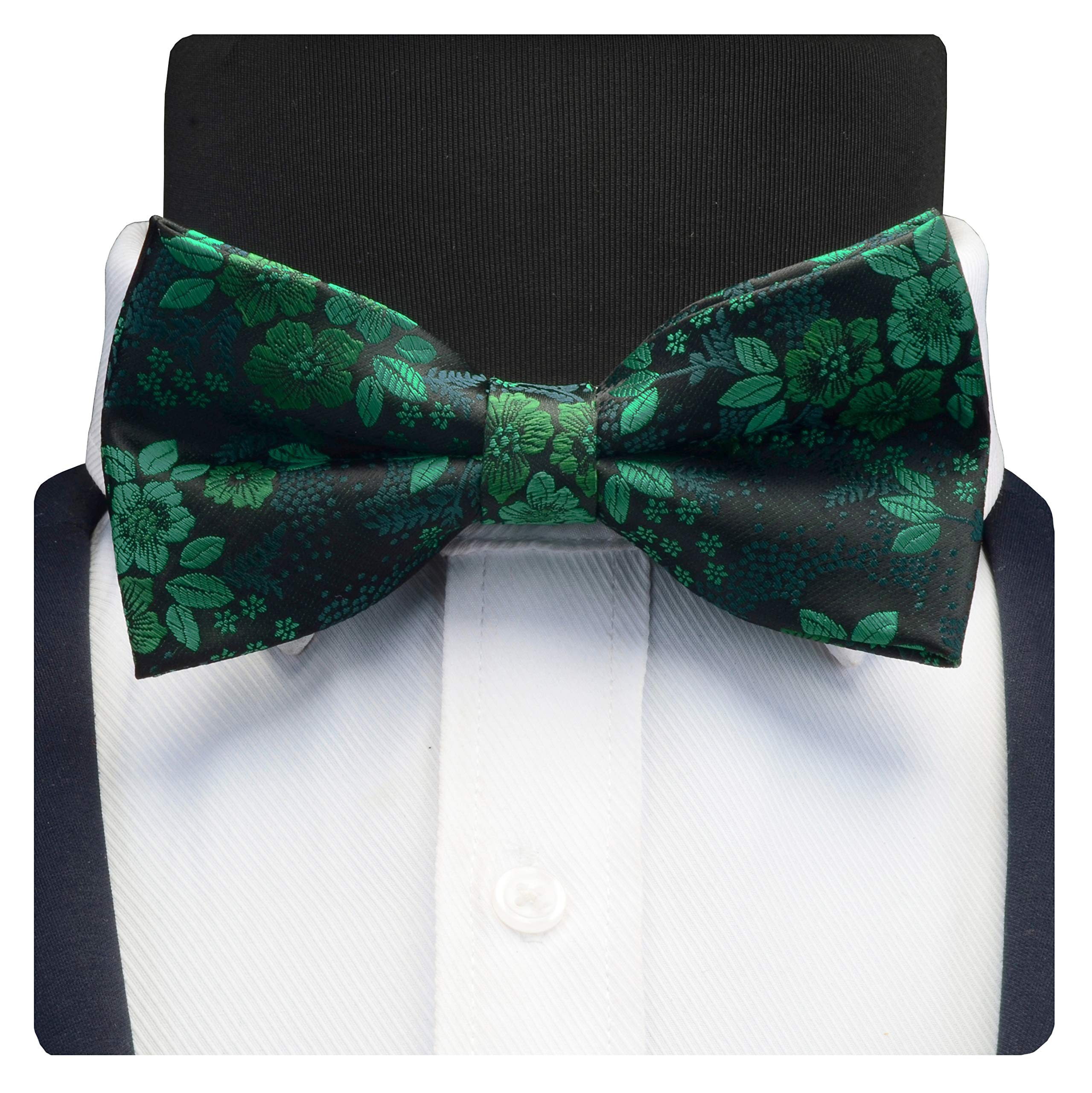 GUSLESON Green Floral Bow Tie Pre-tied Silk Bowtie and Pocket Square Cufflink Set(0582-10)