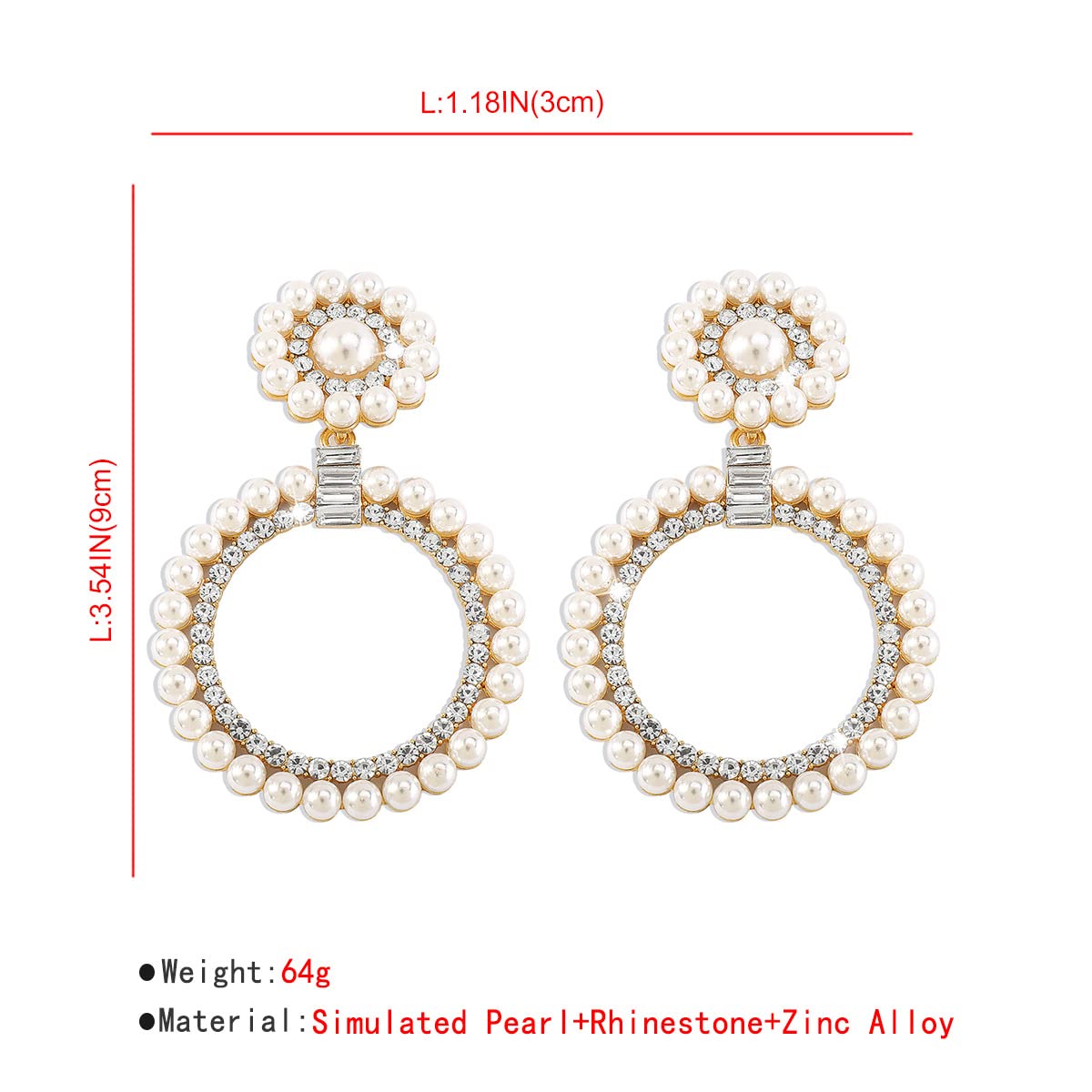Jumwrit Pearl Hoop Earrings Big Circle Dangle Drop Earrings Rhinestone Round Stud Earrings Statement Pearl Earrings for Women Girls(Silver)