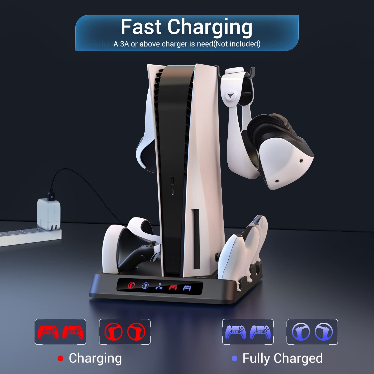 Keten PS-VR 2 & PS-5 Stand Cooling Station with Dual Controller and Play-Station VR2 Controller Charging Station, PS-5 Accessories with Controller Charger, Cooling Fan, Headset Holder, Screw