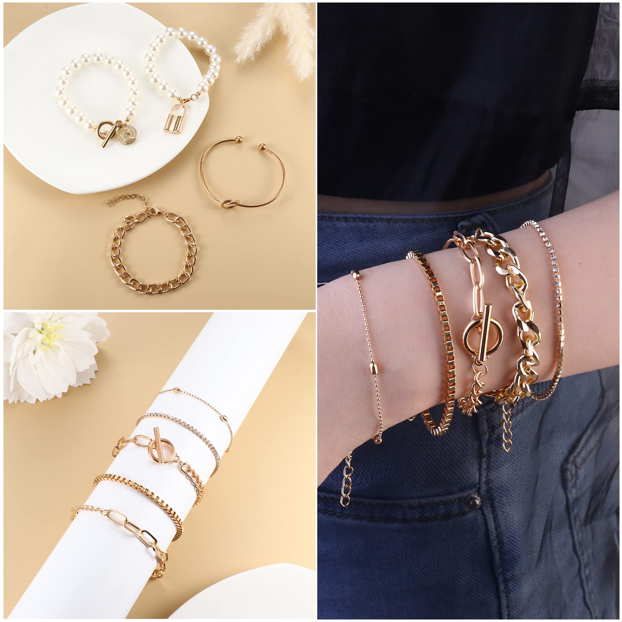 IRONBOX 35 Pcs(8 PACK) Boho Gold Chain Bracelets Set for Women Multiple Layered Stackable Open Cuff Wrap Bangle Adjustable Fashion Paperclip Link Italian Cuban Jewelry for Women Gift