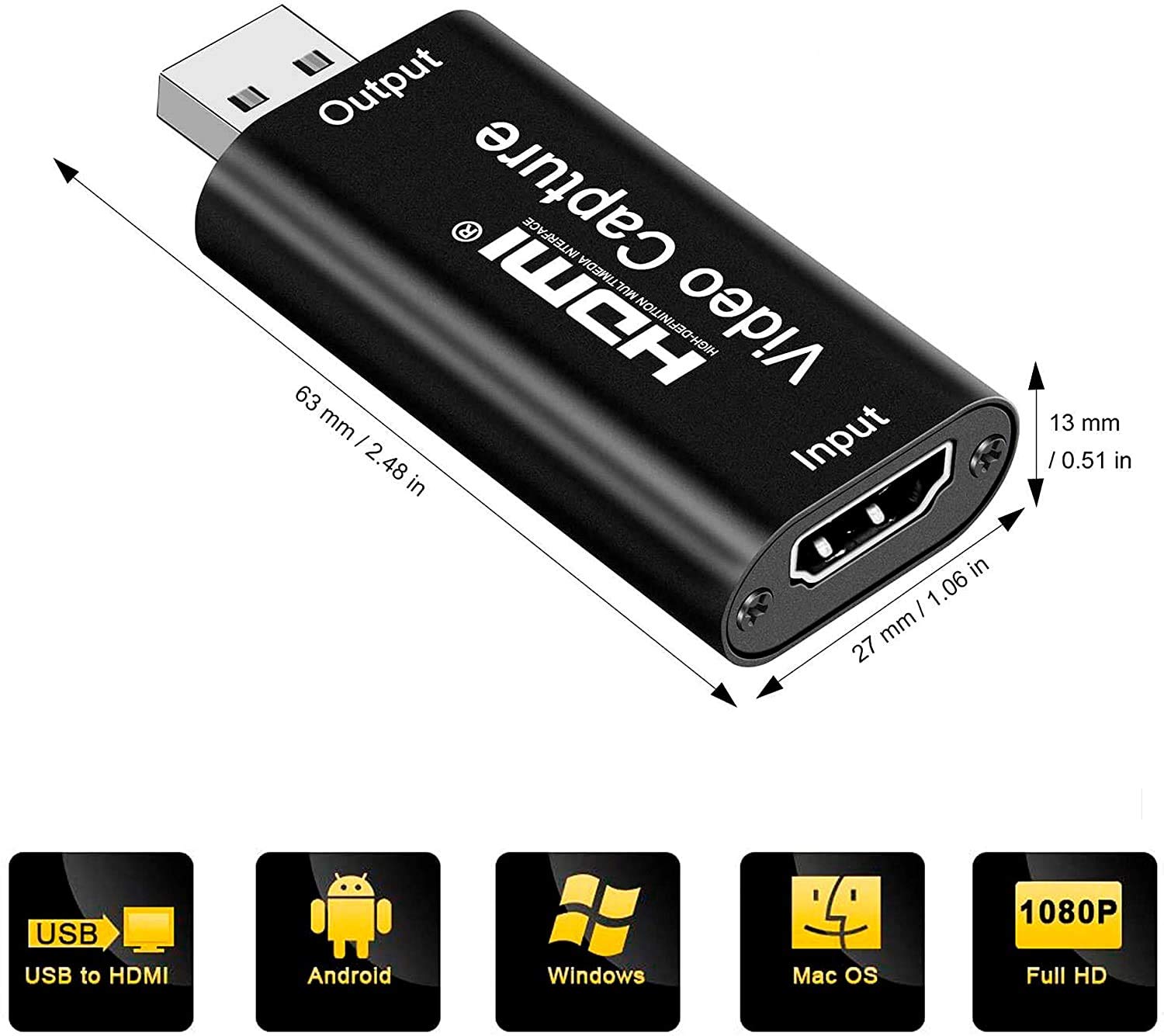 HDMI USB 2.0 Full HD 1080P Video Audio Capture Card - Record Directly to Computer for Gaming, Streaming, Teaching, Video Conference or Live Broadcasting