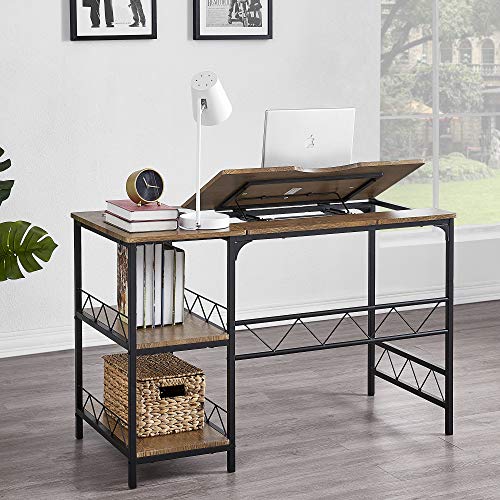 HOMBAZAAR Home Office Desk, Industrial Computer Desk with Storage Shelf, Large Writing Drawing Desk Craft Workstation with Tiltable Tabletop for Artist, 47โโ Multifunctional PC Laptop Table, Brown