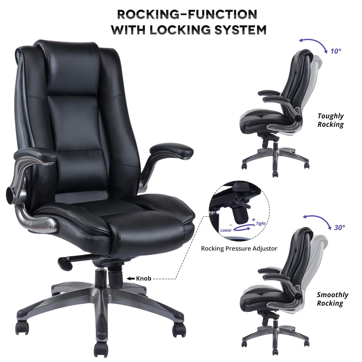 High Back Office Chair - Adjustable Flip-Up Arms Ergonomic Bonded Leather Computer Desk Executive Chair, Double Padded Backrest Seat Cushion & 360 Degree Rotation for Office Workers & Student