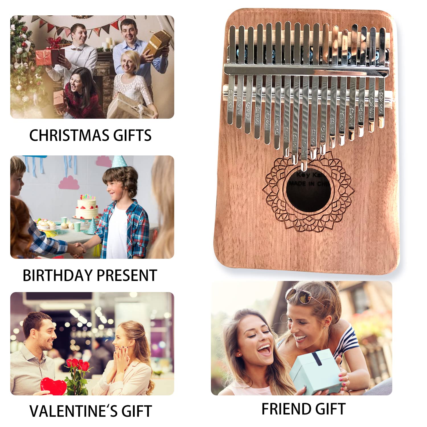 Kalimba Thumb Piano 17-Key Solid Wood Portable Instrument, Suitable for Children and Adults, from Beginners to Professionals (Disc Blossom log color)