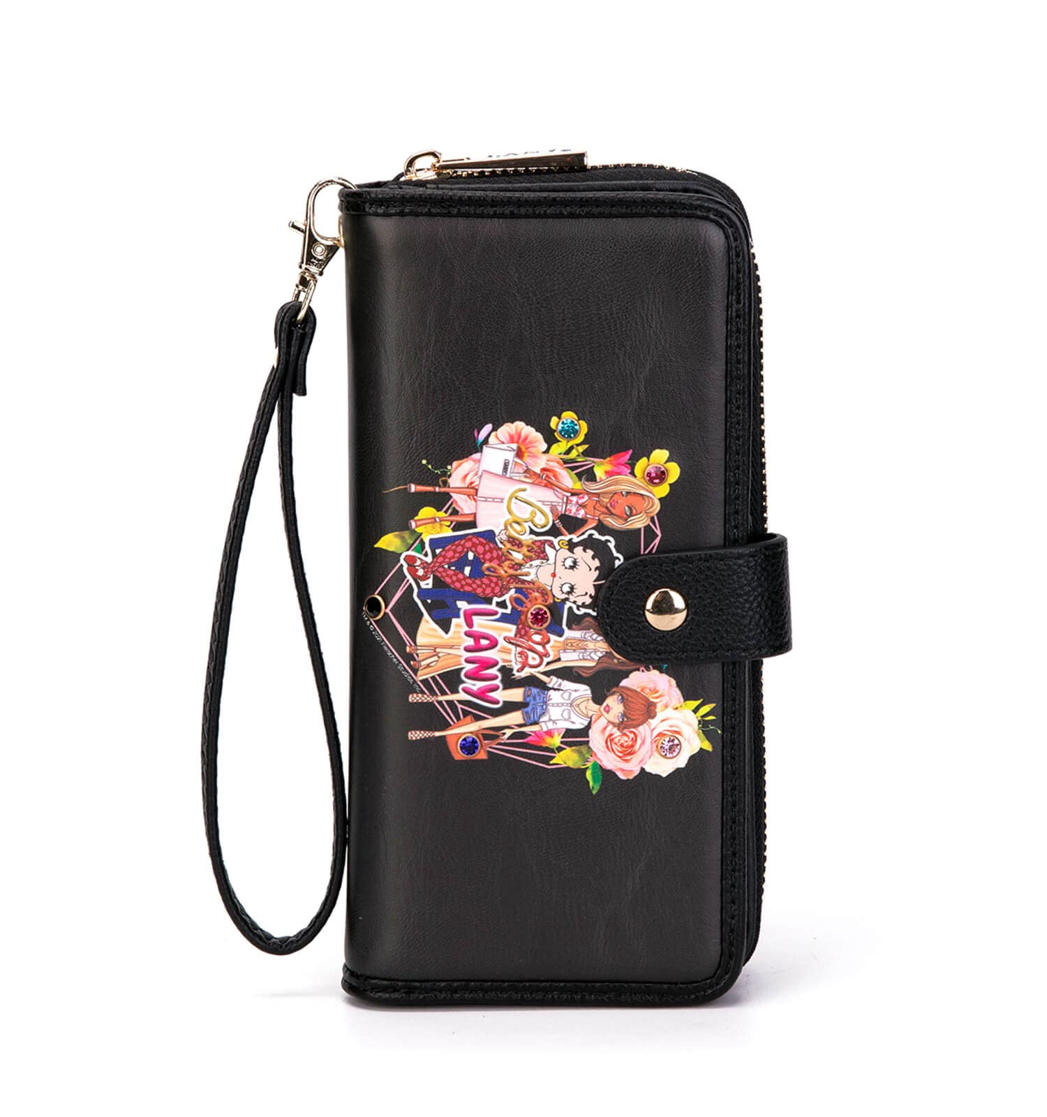 LuxeBag Betty Boop Friends/Flower Faux Leather Wallet with Wristlet (Black)