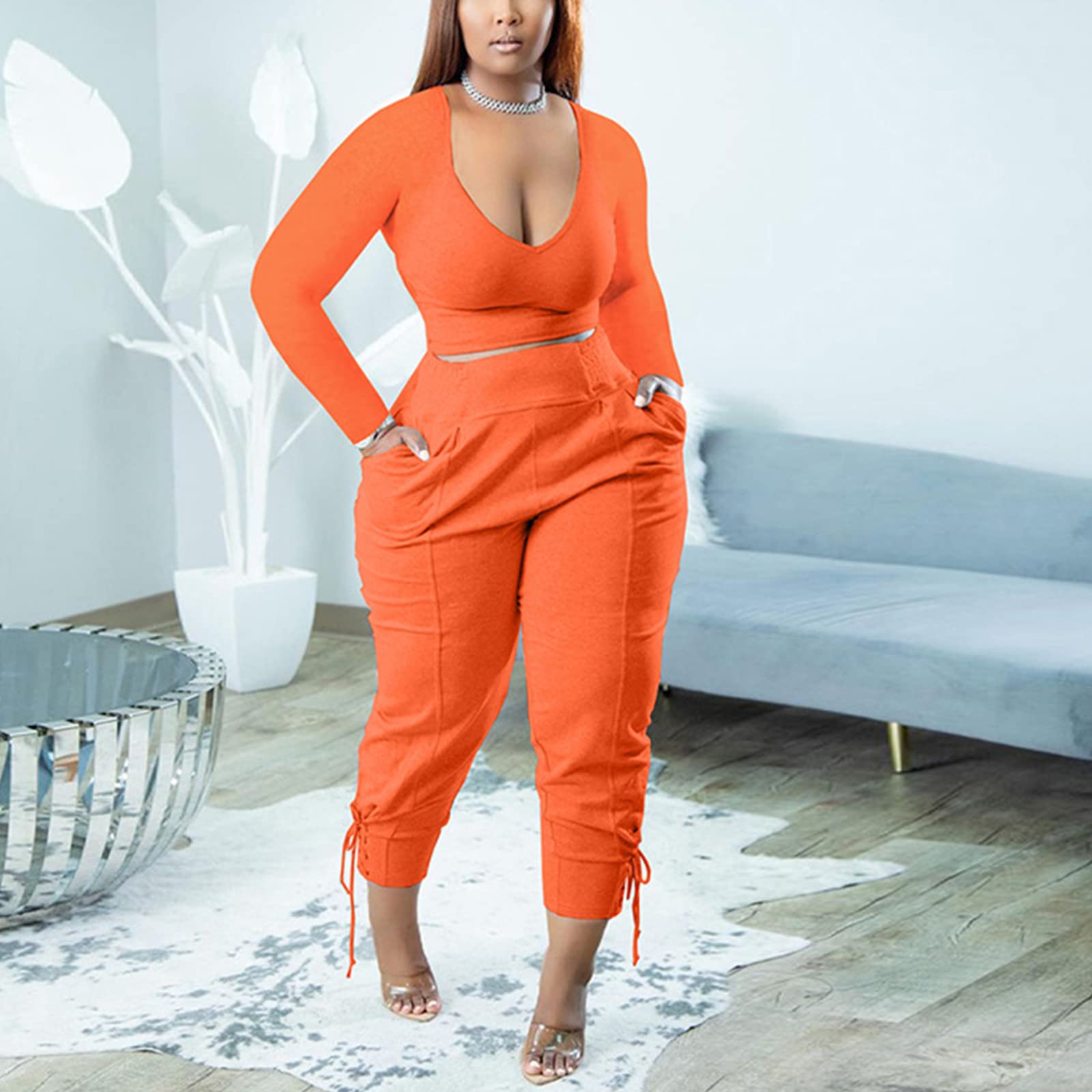 IyMoo Women Plus Size 2 Piece Sweatsuit Outfits Long Sleeve V Neck Crop Top + High Waisted Leggings Jogger Set Orange 3X