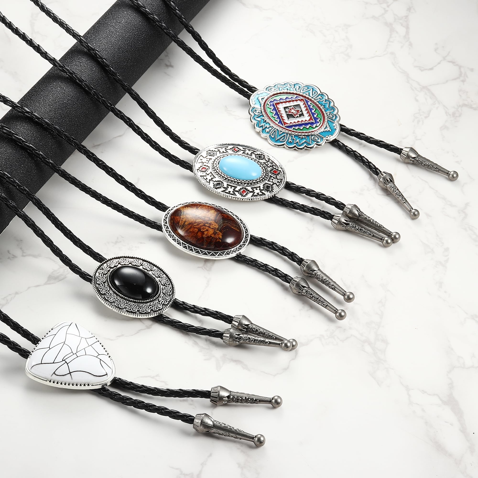 IRONBOX 5Pcs Bolo Tie for Men Handmade Western Cowboy Leather Necktie Totem Element Halloween Costume Accessories