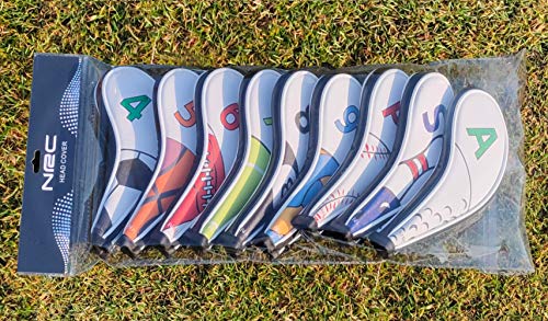 HELLO NRC Golf Iron Cover, 9 Pieces Leather Golf Club Head Cover, Colorful Digital Embroidery