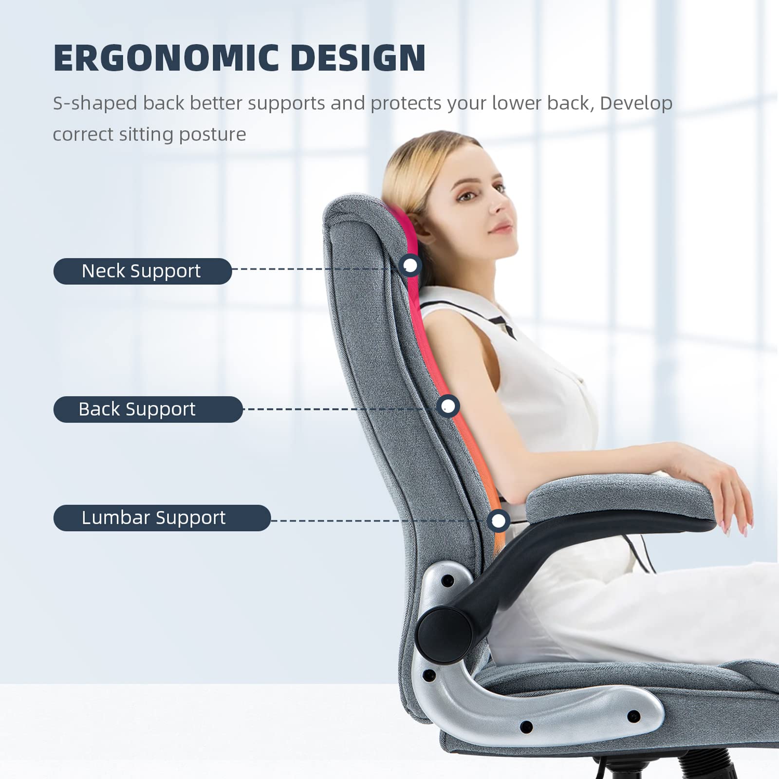 High Back Office Chair Computer Desk Chair Ergonomic Managerial Executive Chairs with Wheels and Flip-up Armrest, Gray
