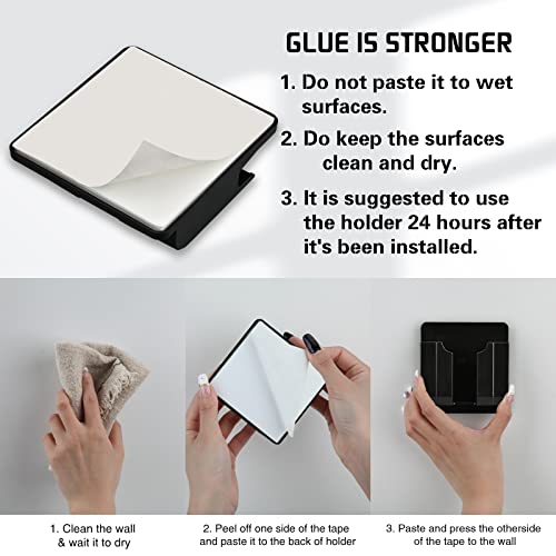WZSANDS 4PCS Wall Mount Phone Holder with Adhesive, Phone Stand with Data Line Receiving Hole, Bed Side Shelf,Remote Control Stand, Use for Home,Office Black