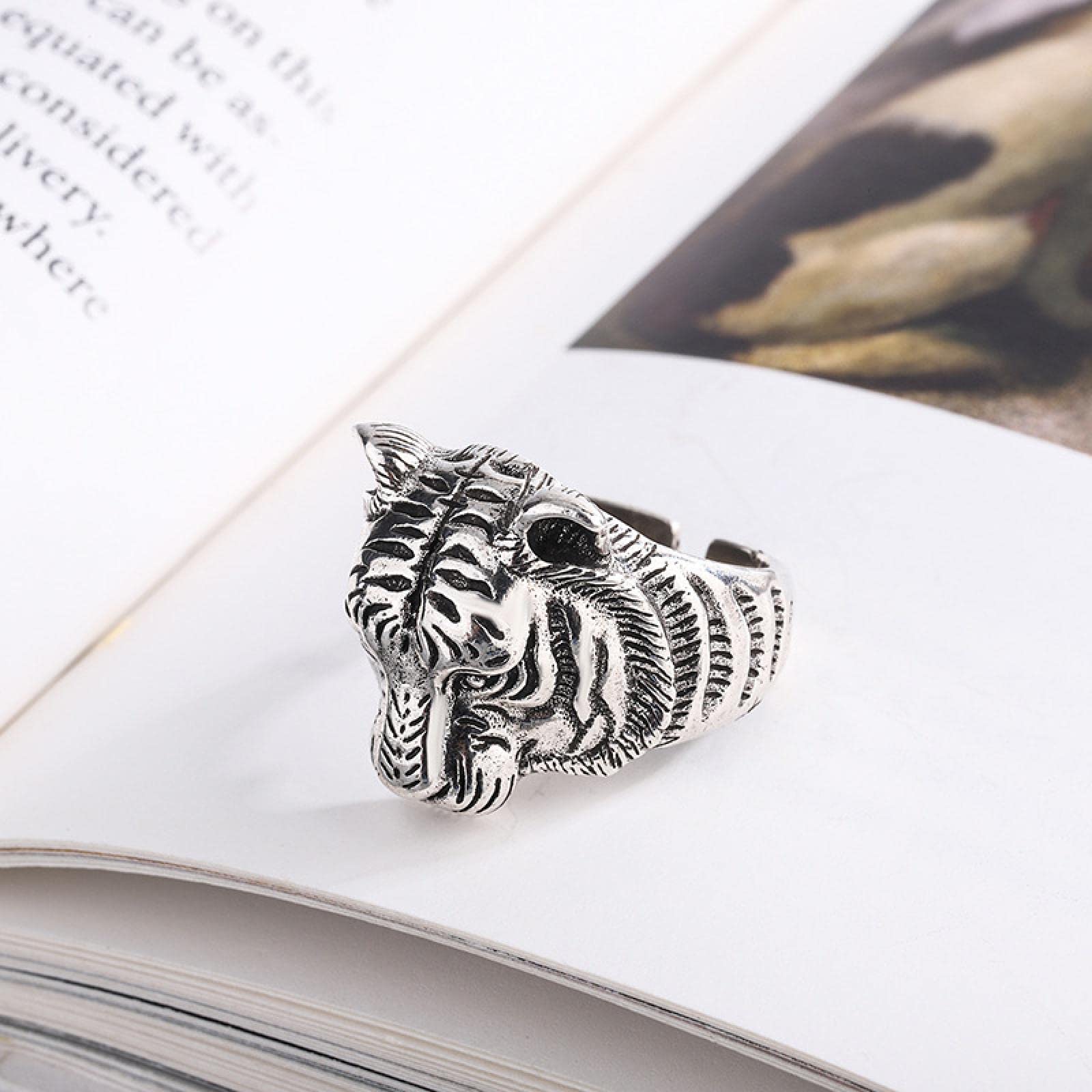 Ladies Sterling Silver Open Ring, Tiger Head Ring, Domineering Personality, Vintage Gothic Silver Plated One Size