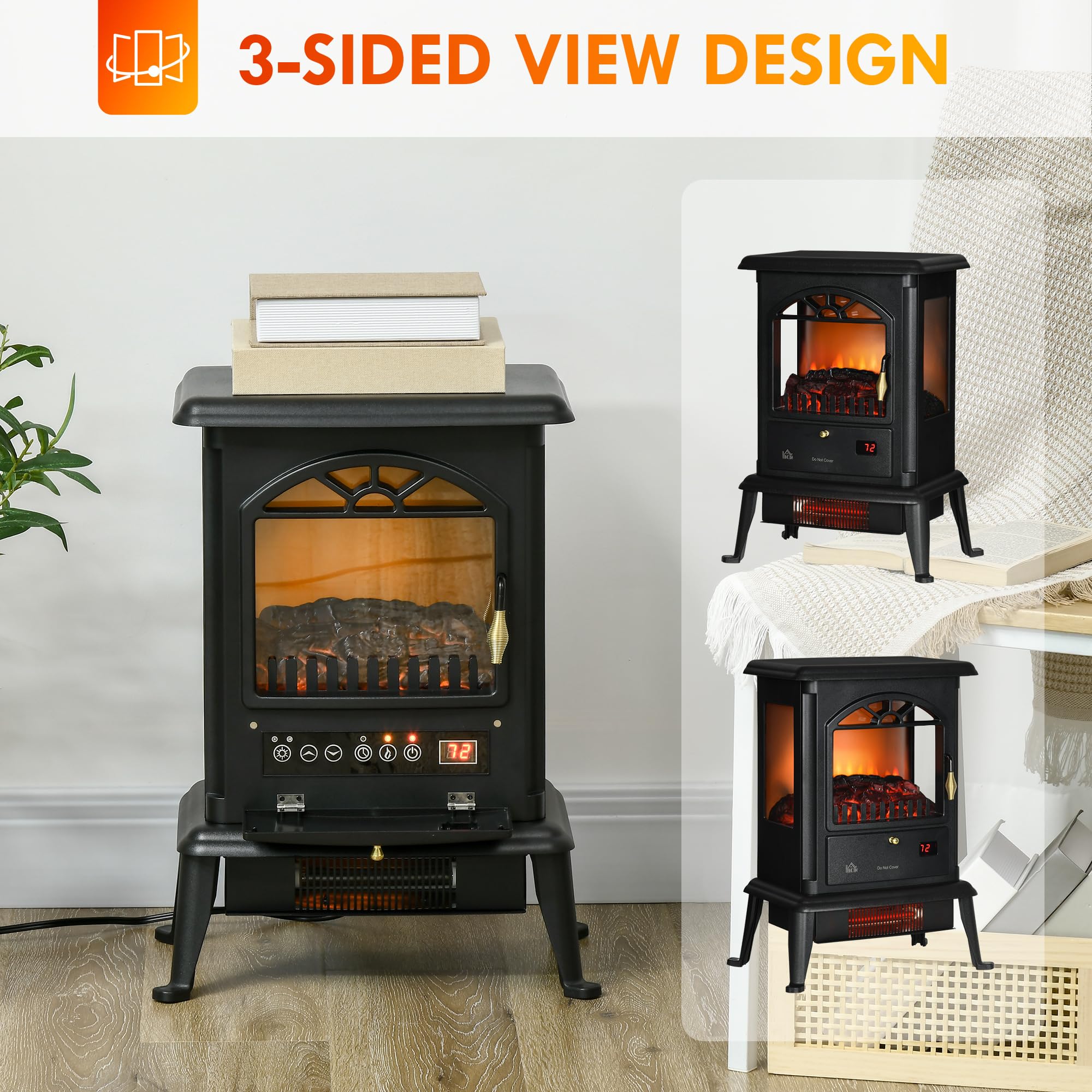 HOMCOM 23" Electric Infrared Fireplace Stove, Freestanding Fire Place Heater with Realistic Log Flame, Adjustable Temperature, Timer, 1000W/1500W, Black