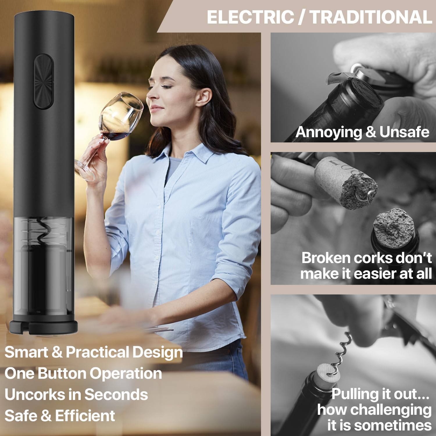 HotFrost Electric Wine Opener β Wine Bottle Opener Kit with Foil Cutter, Wine Aerator, Vacuum Stopper β Battery-Operated Corkscrew Wine Opener β Cordless Automatic Wine Opener β Birthday Wine Gift Set