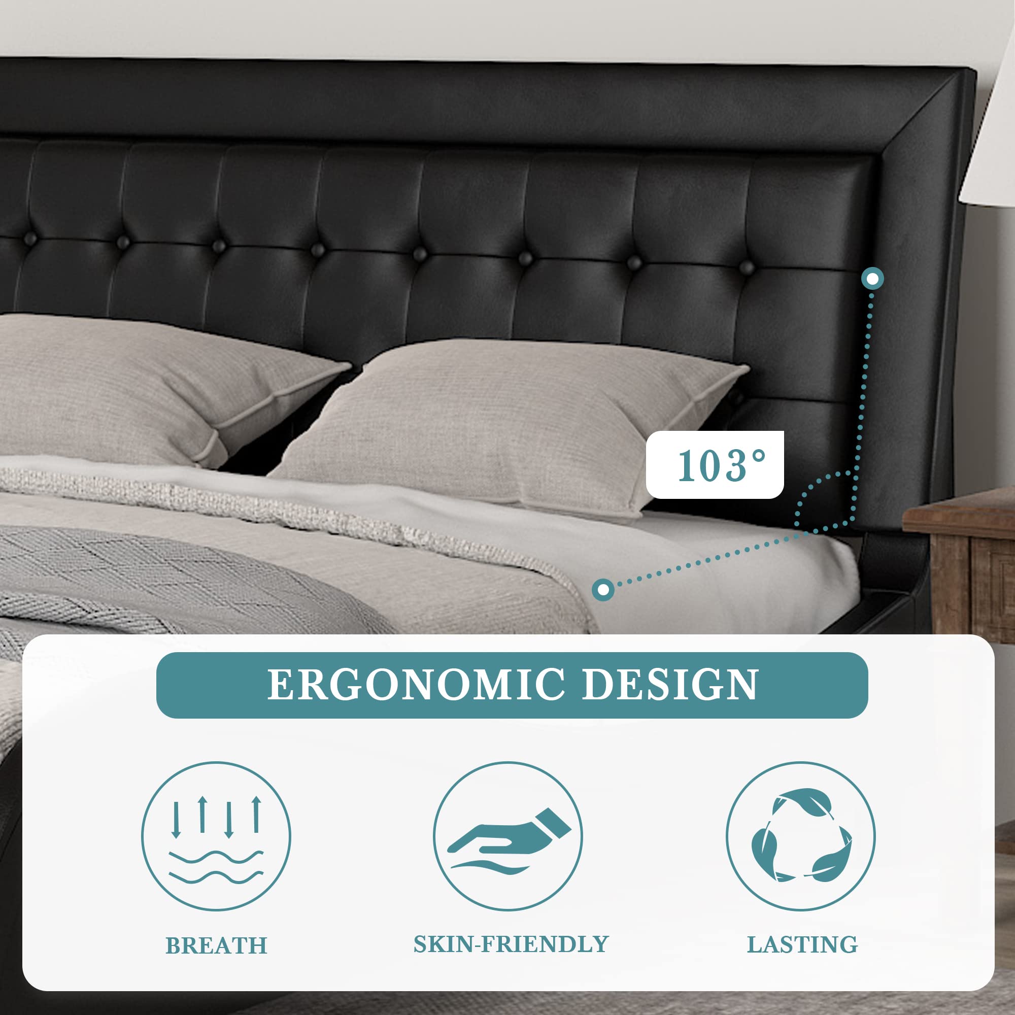 HOOMIC Queen Size Platform Bed Frame with Adjustable Headboard, Upholstered Bed, Mattress Foundation, Wood Slat Support, No Box Spring Needed, Easy Assembly, Black