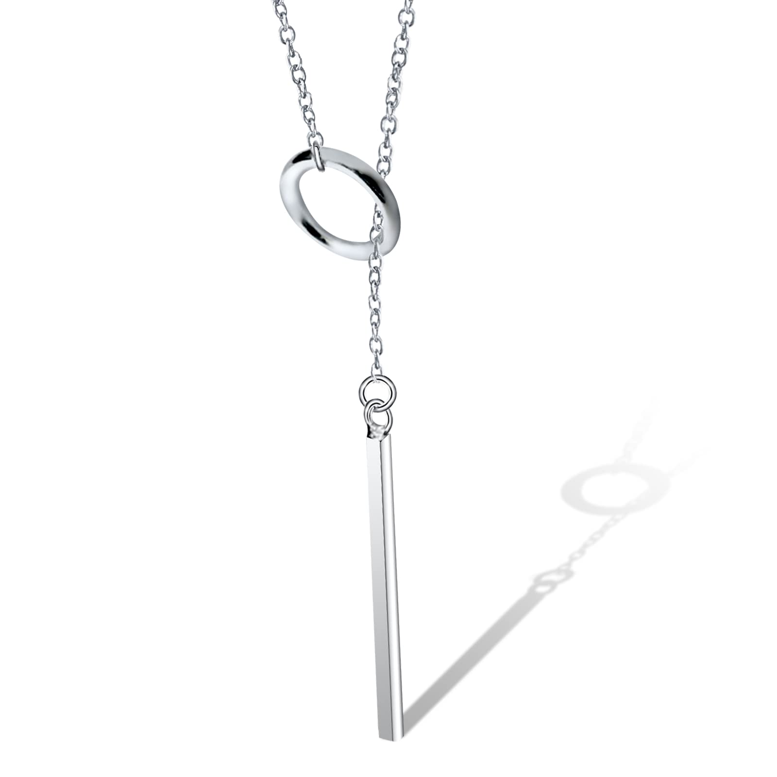 JewNelwyn 925 Sterling Silver Long Lariat Necklace, Open Circle Vertical Bar Necklace 30" Looped Y Necklace for Women and Girls