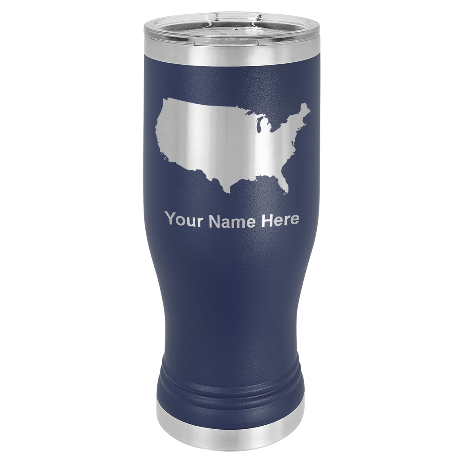 LaserGram 14oz Vacuum Insulated Pilsner Mug, Country Silhouette USA, Personalized Engraving Included (Navy Blue)