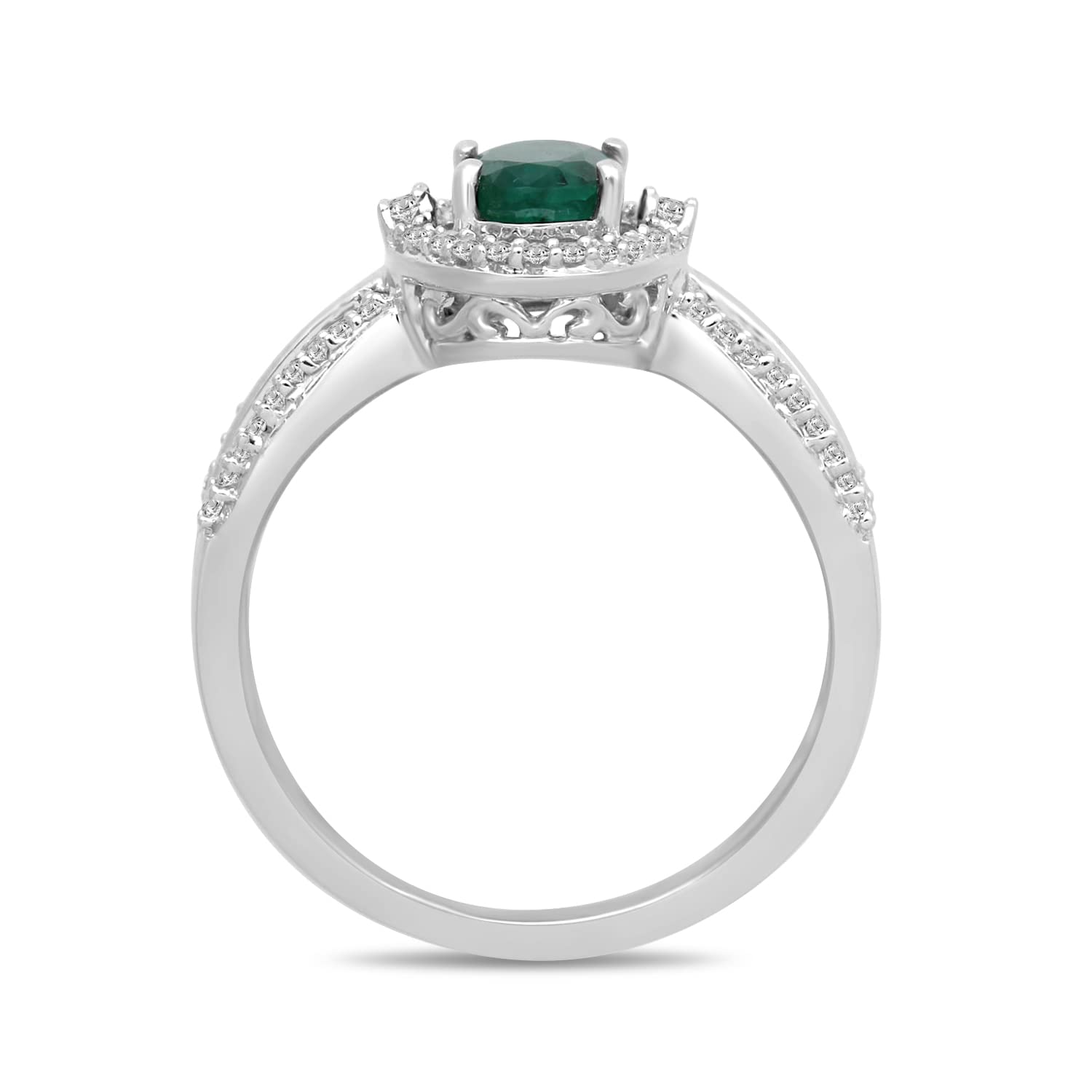 Jewelili 10K White Gold 7x5MM Oval Shape Emerald and 1/5 Cttw Natural White Round Diamond Ring, Size 7