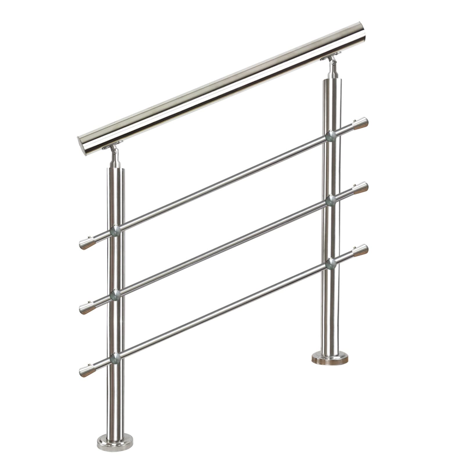 Hanone 304 Stainless Steel Handrail for Deck Stairs Indoor Outdoor Metal Balustrade Hand Railing, Round Pipe Tube Brushed Rail Bars Adjustable Angle Fits 1 to 3 Steps - Complete Kit (Silver) 3.28ft