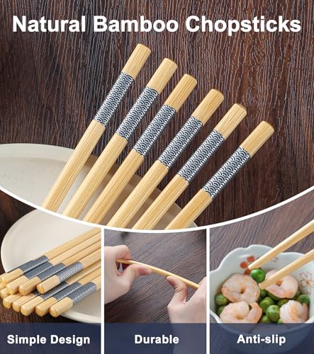 LOROTOCO 10Pairs Bamboo Chopsticks Reusable | Dishwasher Safe | Non slip | Chinese -(9.45in)
