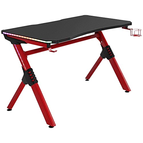 HOMCOM 43in Gaming Desk with RGB LED Lights Racing Style Gaming Table with Cup Holder & Cable Management, Red