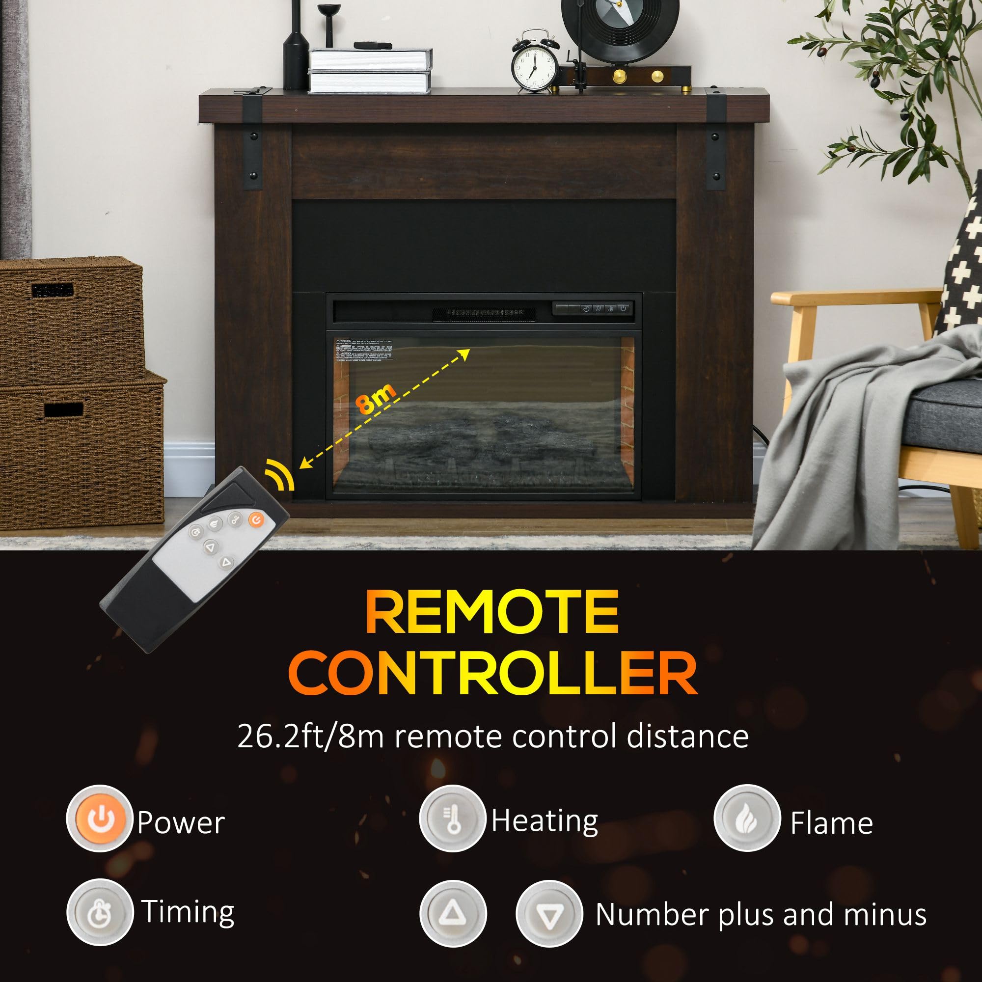 HOMCOM 35" Electric Fireplace with Mantel, 1400W Freestanding Fireplace Heater with Remote Control, Overheat Protection, Timer, Brown