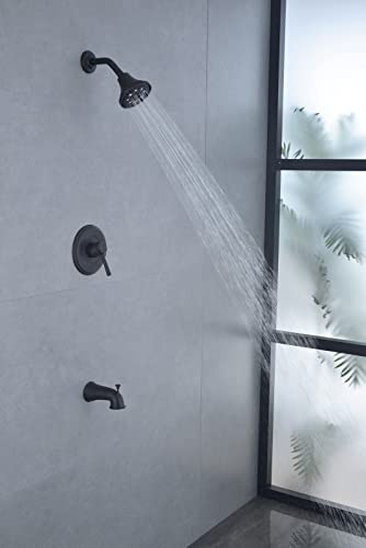 Matte Black Tub Shower Trim Kit Pressure Balance Shower Faucet Set 7 Function Powerful Shower Head with Diverter Bathtub Spout (Brass Rough-In Valve Included)