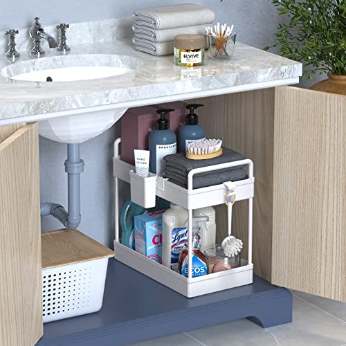 SOLEJAZZ Under Sink Organizers and Storage Multi-Purpose, 2 Tier Under Bathroom Cabinet Storage with Dividers, Hooks, Cup for Bathroom, Kitchen, White