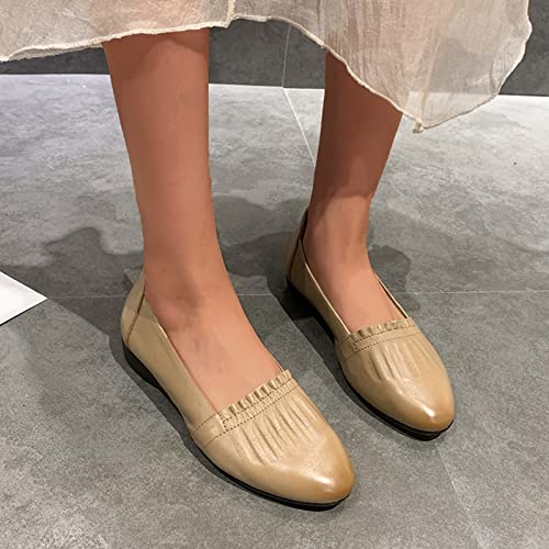 Ladies Fashion Solid Color Leather Folds Shallow Soft Sole Flat Casual Shoes Loafer Heel Khaki