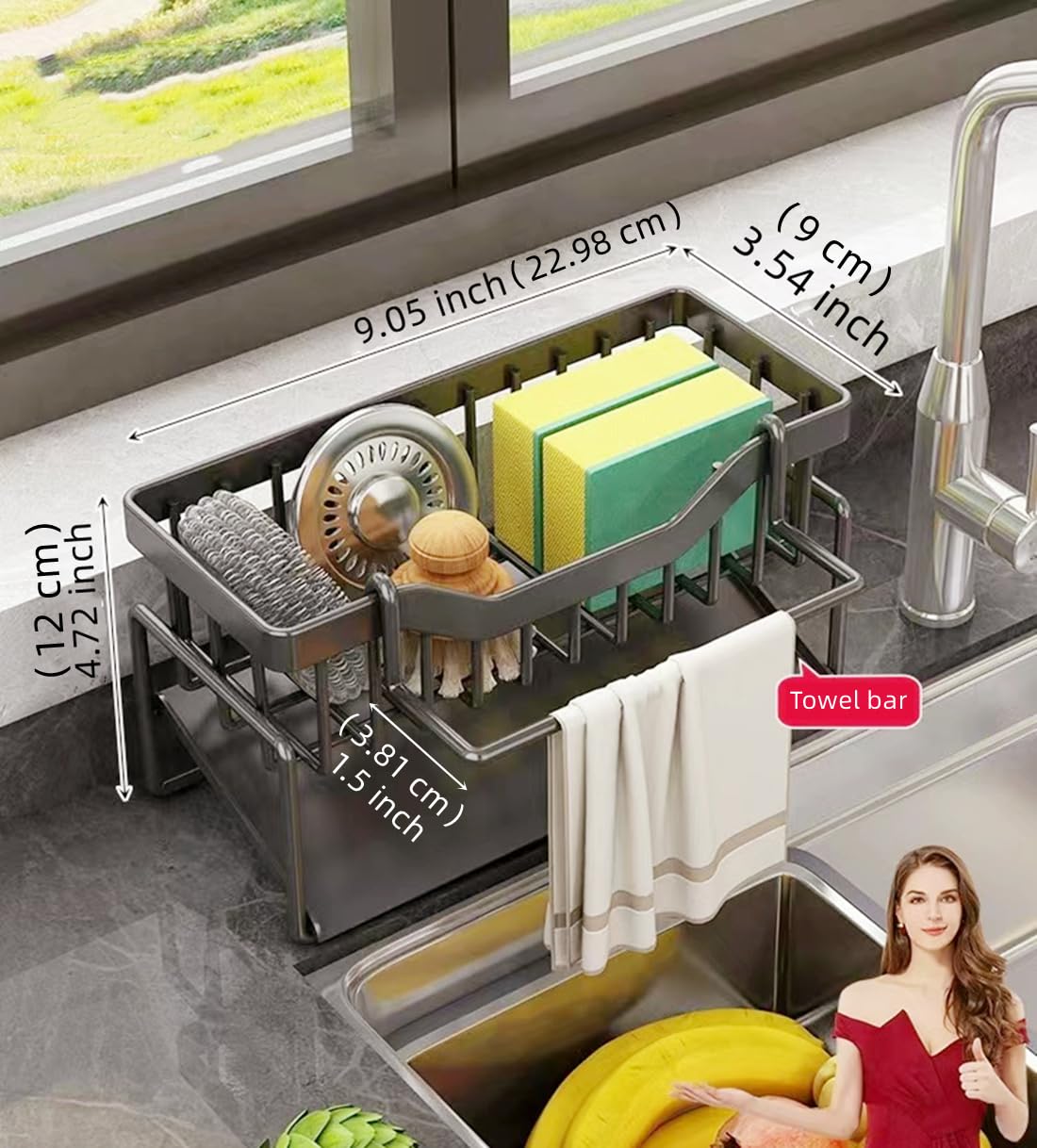 iBigLY Sponge Holder Kitchen Sink Caddy Organizer, 304 Stainless Steel Kitchen Soap Dispenser Caddy Organizer with Auto Drain Tray, Sink Rack for Kitchen & Bathroom Holding Sponge and Towel