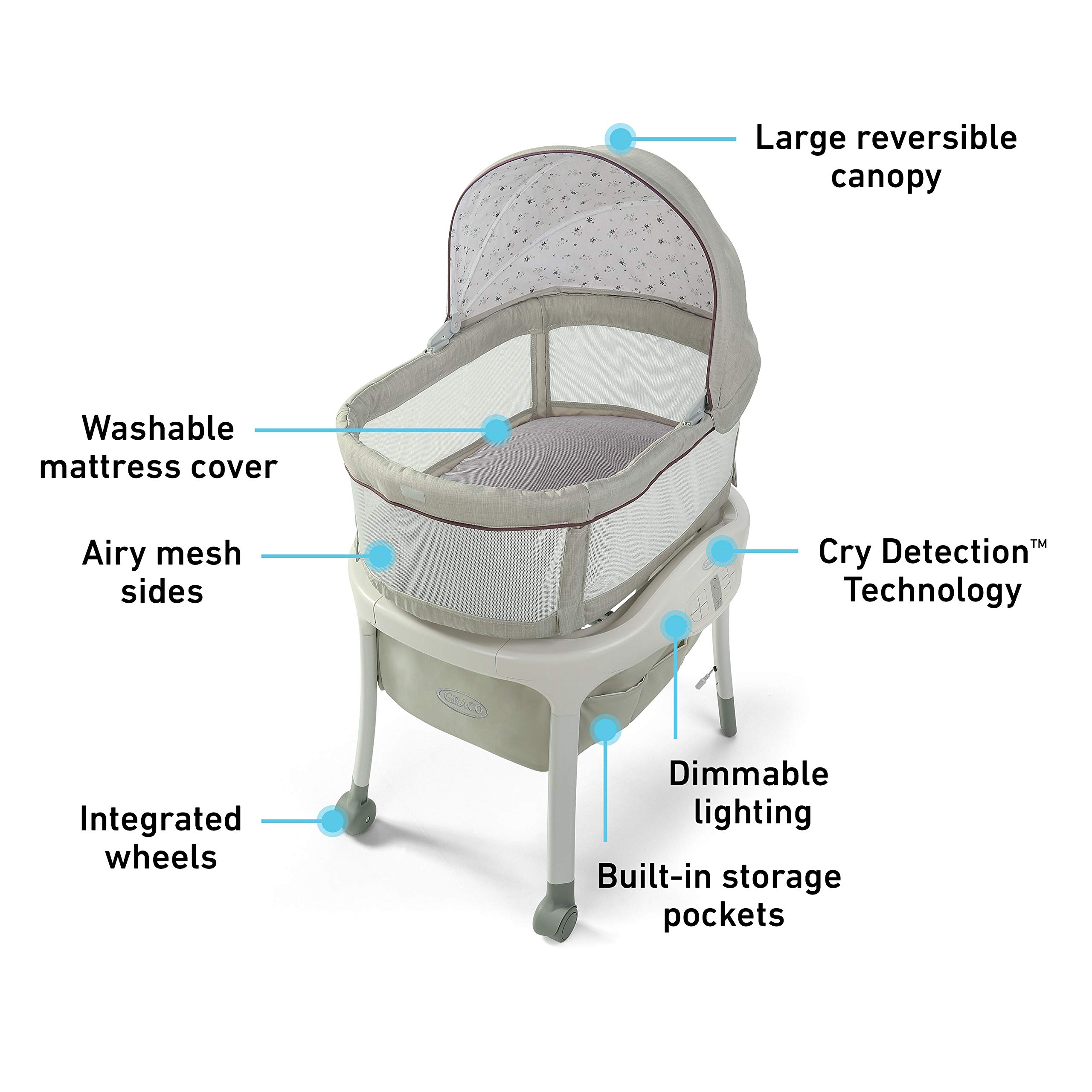 Graco Sense2Snooze Baby Bassinet with Cry Detection Technology and Responds to Baby's Cries to Help Soothe Back to Sleep, Roma
