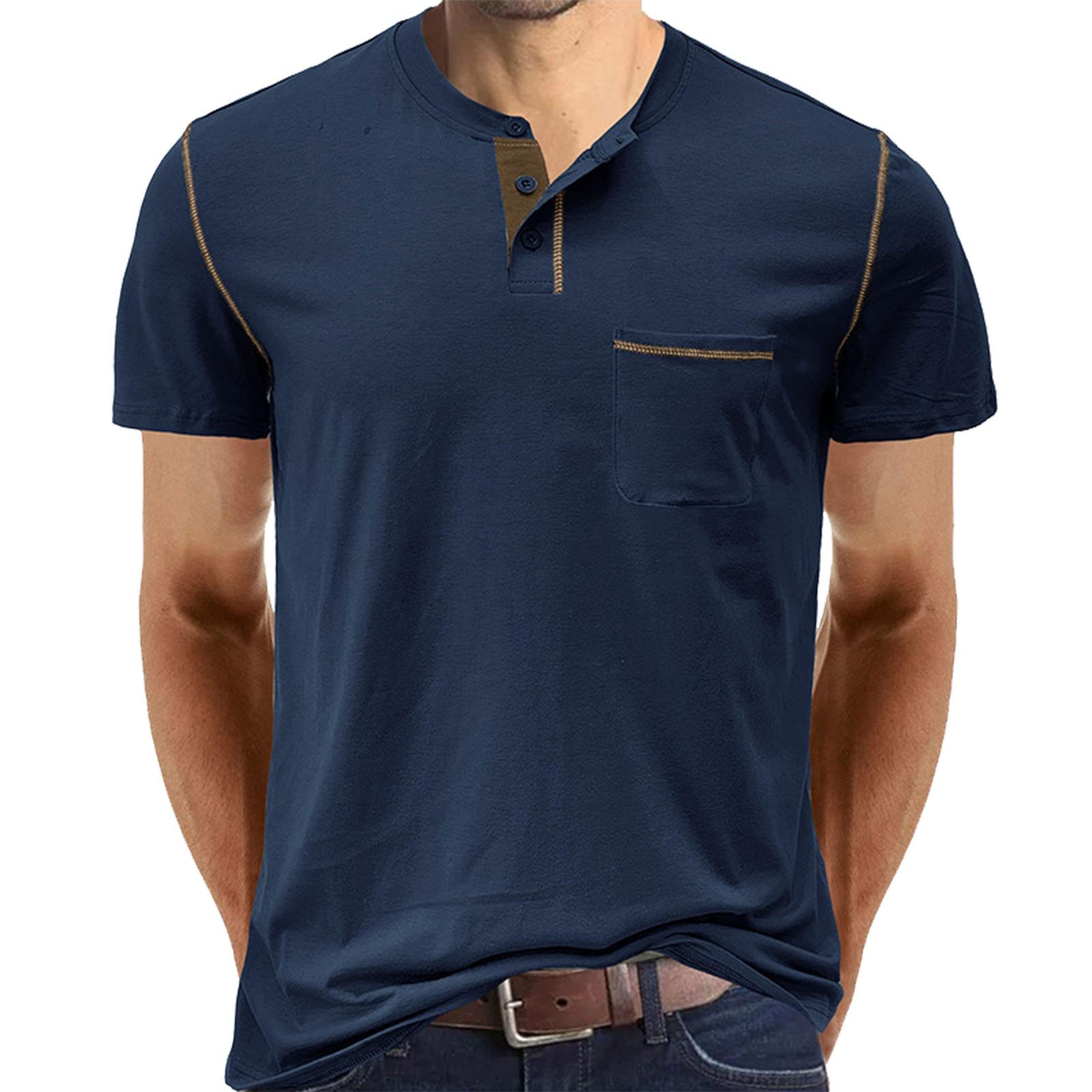 Male Spring and Summer Retro Business Casual Travel Multi Buttons O Neck Solid Color T Shirt Short Sleeve Top