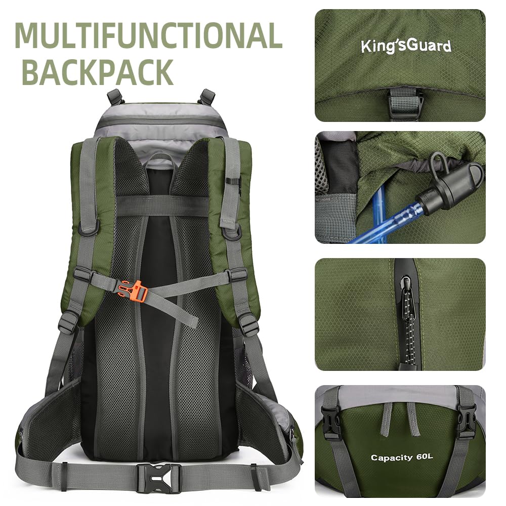 King'sGuard 60L Hiking Backpack Men Women Camping Backpack Waterproof Backpacking Mountaineering Climbing Daypack with Rain Cover (Army Green)