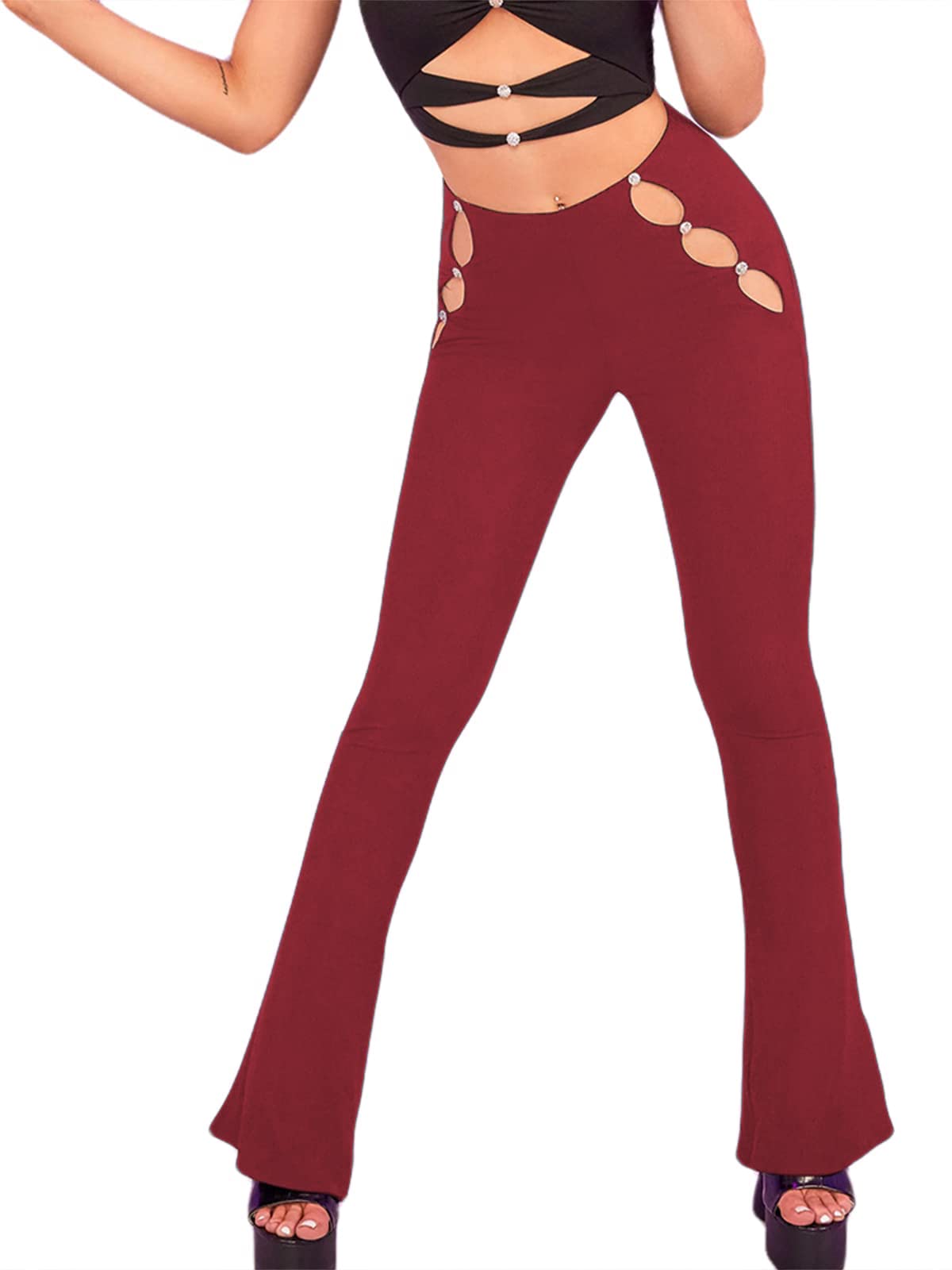 Hilinker Women's High Waisted Flare Long Pants Cut Out Bootcut Flare Yoga Pants Wine Red Small