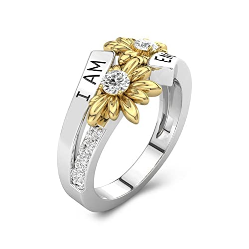 Inspirational Rings I am Enough Ring Bright Silver Gold Two Tone Daisy Flower Finger Ring Band Personalized Gift for Her (Silver Gold, 7)