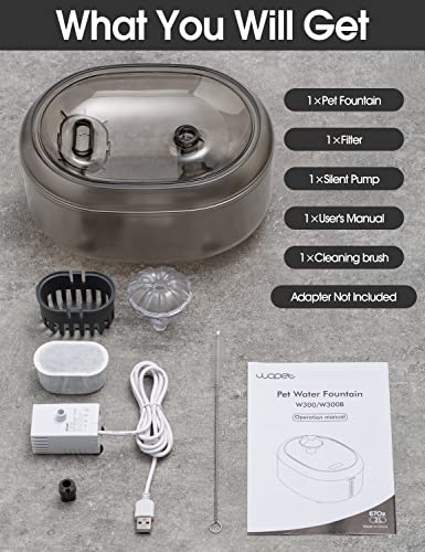 WOPET Cat Water Fountain, 67oz/2L Automatic Cat Water Dispenser Pet Water Fountain, W300 Silent Pet Waterfall Drinking Fountain with 1 Replacement Filter for Cats, Dog, Small Pets Without Light, Gray