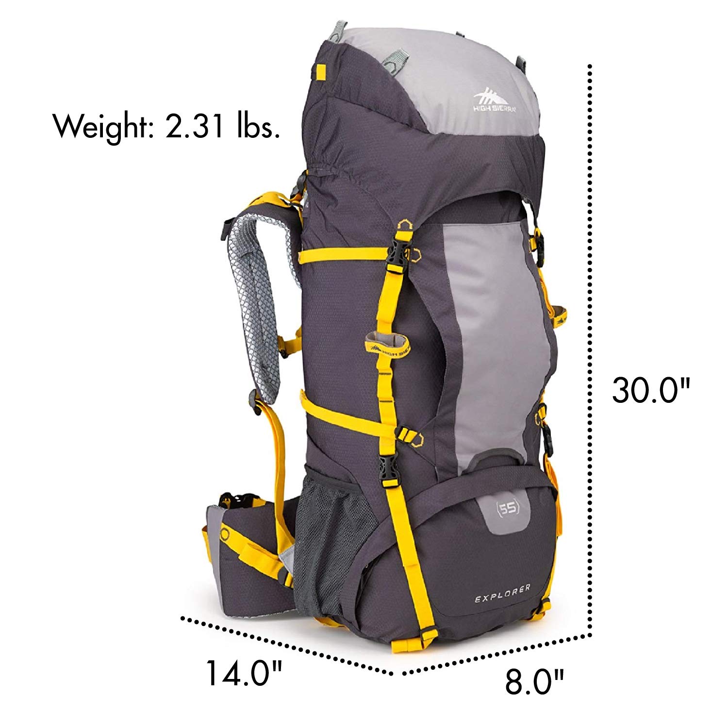High Sierra Explorer Top Load Internal Frame Hiking Pack, Mercury/Ash/Yell-O, 55L / 30-Inch