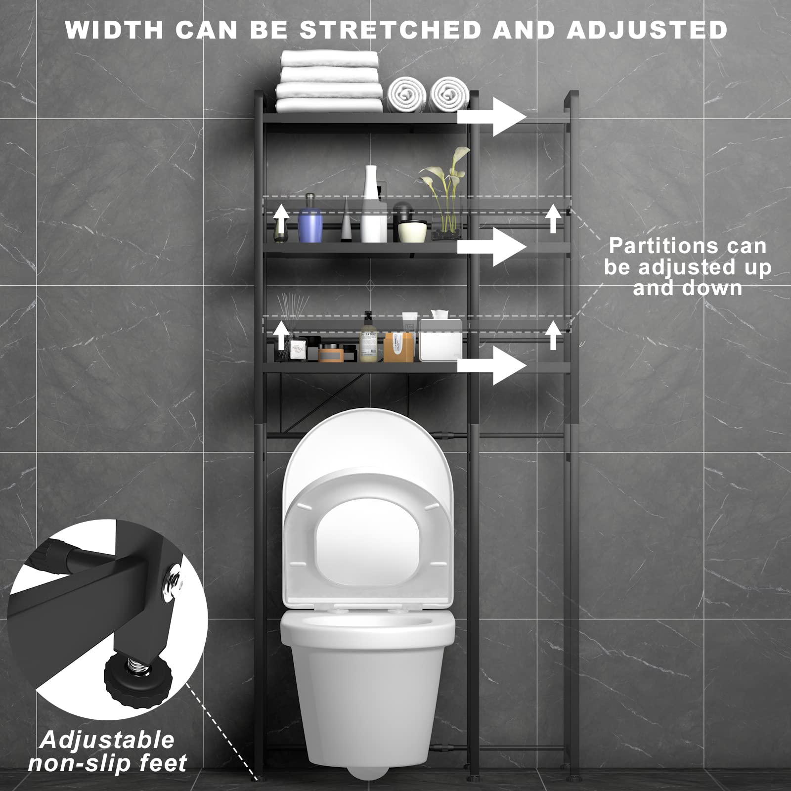 hanvate Over The Toilet Storage Cabinet with 3-Tier Adjustable Shelf, Carbon Steel Over Toilet Bathroom Organizer Rack with 3 Hooks, Space-Saving for Bathroom/Restroom/Laundry