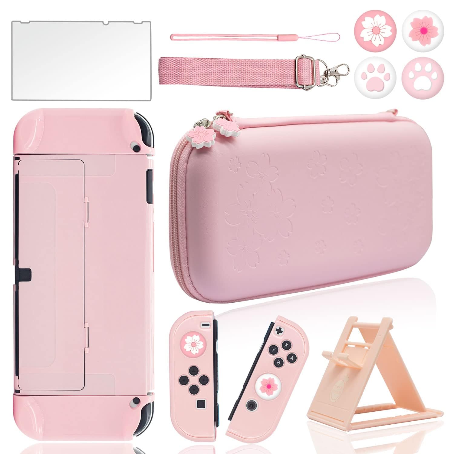 HLRAO Pink Travel Carrying Case Accessories Kit,Sakura Pink Carry Case Compatible with Nintendo Switch OLED.Pink Switch Hard Protective Cover,Adjustable Stand,Screen Protector & Thumb Grips 10 in 1.