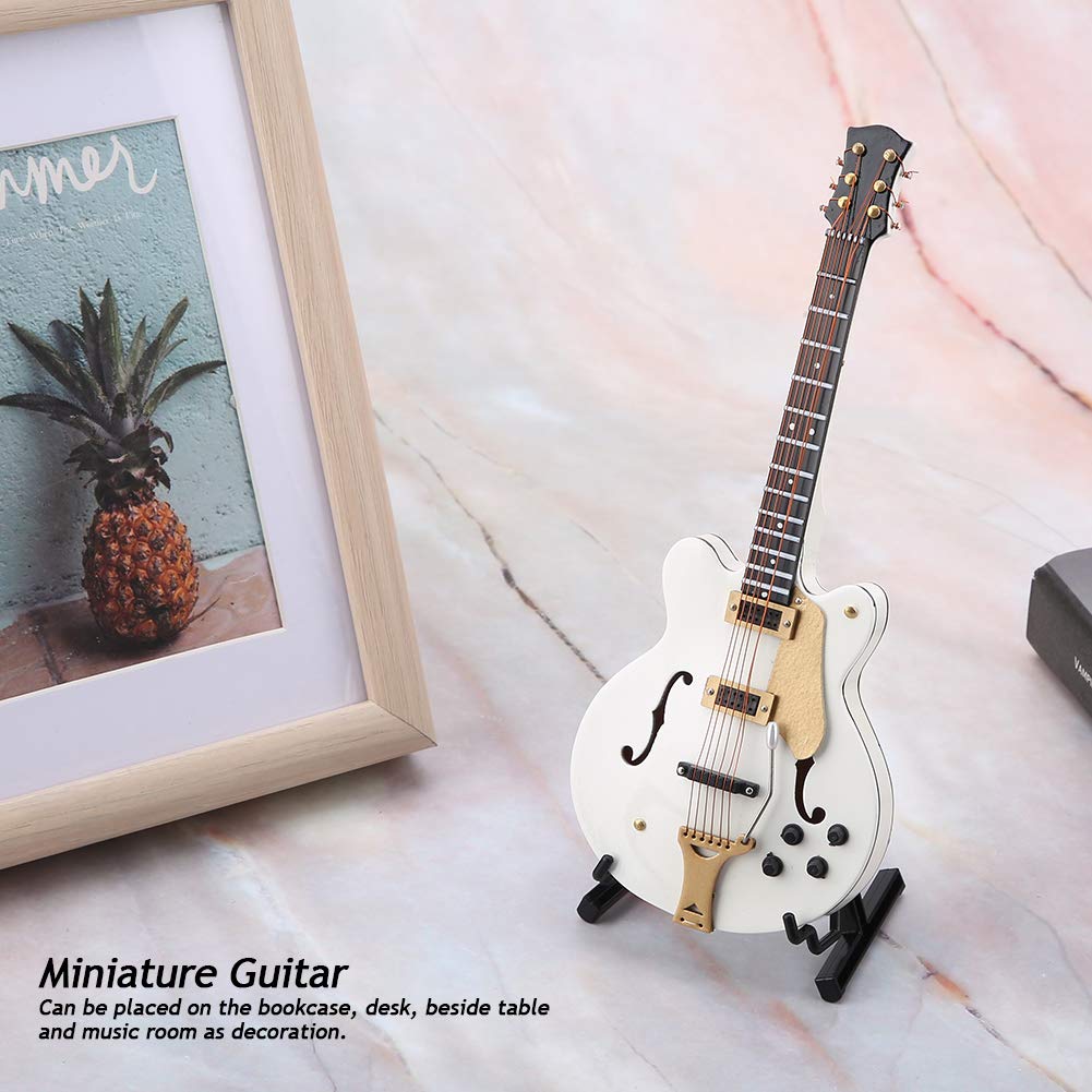 Hilitand White Miniature Guitar, 7in Instrument Model, with Adjustable AFrame Stand, Mini Musical Instrument, Electric Guitar Ornaments, Christmas/Birthday Gift