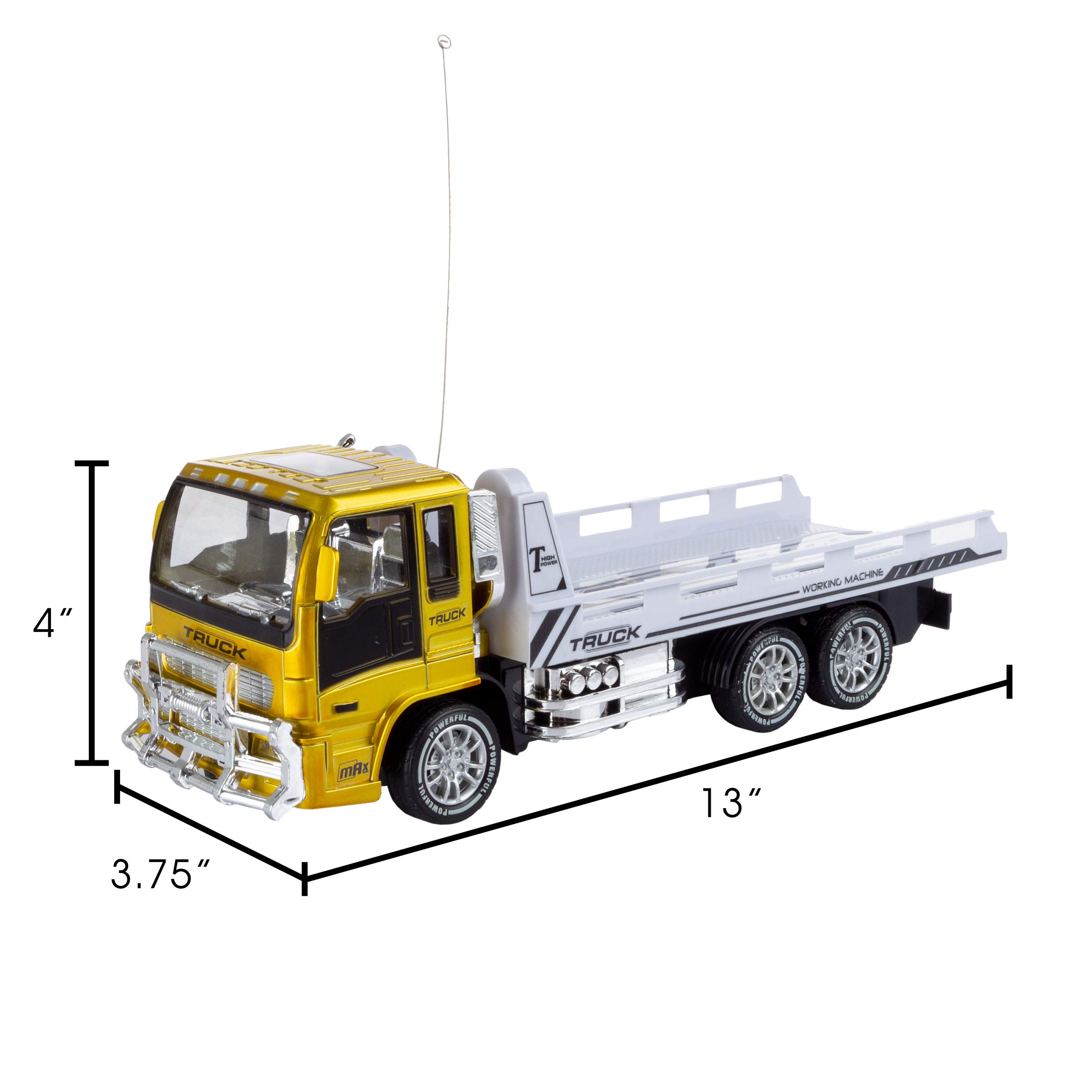Hey! Play! Remote Control Flatbed Truck– 4 Channel Fully Functional RC Tractor Trailer with Lights and Sound, Transporting Toy for Kids