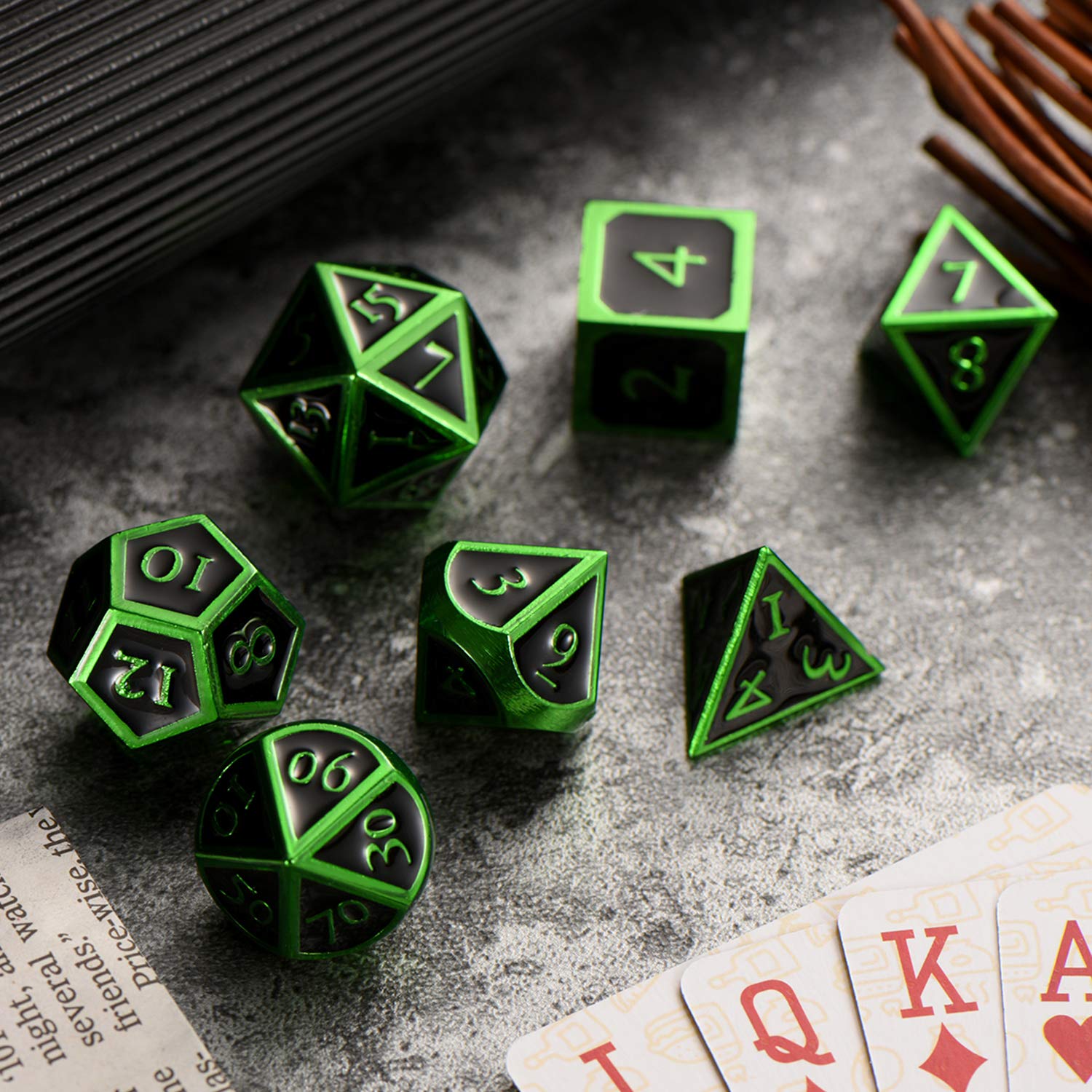 HESTYA Metal Dices Set Polyhedron Dice Compatible with Dungeons and Dragons, Role Playing Math Teaching Table Games Solid Zinc Alloy with Enamel Dice with Storage Bag