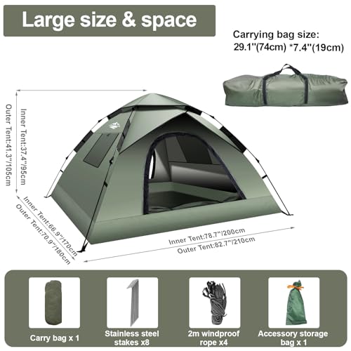 Instant Pop Up Tents for Camping, 2-3 Person Camping Tent Automatic 60s Setup Dome Tent, 2 in 1 Double-Layer Waterproof Family Tent for Hiking Backpacking