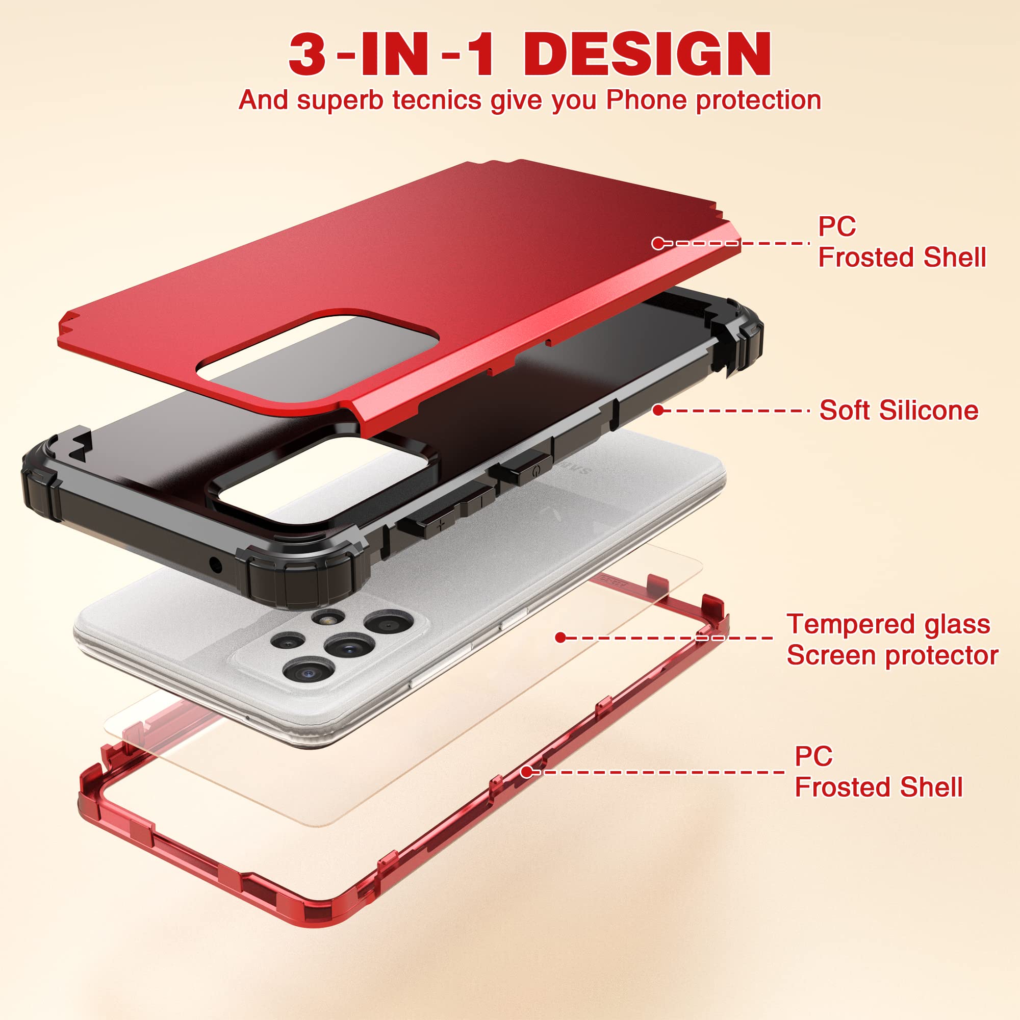 Galaxy A52 5G Case with Tempered Glass Screen Protector,IDweel Hybrid 3 in 1 Shockproof Heavy Duty Hard PC Cover Soft Silicone Rugged Durable Bumper Full Body Cover for Samsung Galaxy A52,Red