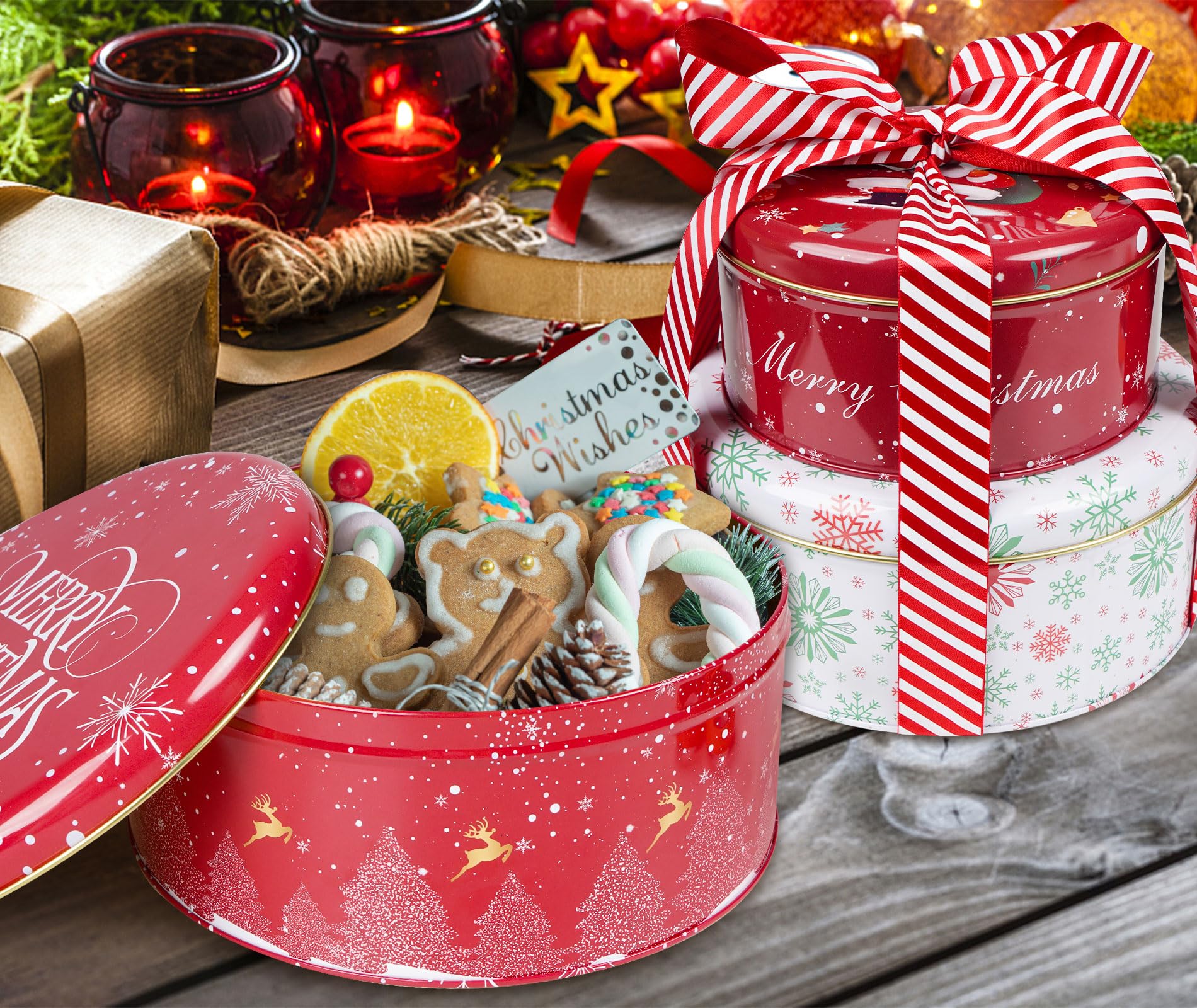 JOYCUBE Cookie Tins with Lids, 3 Pack Christmas Cookie Tins with 16.5ft Gift Ribbon, Festive Cookie Cake Containers Tins for Gift Giving & Holiday Treats, Round Metal Nesting Containers