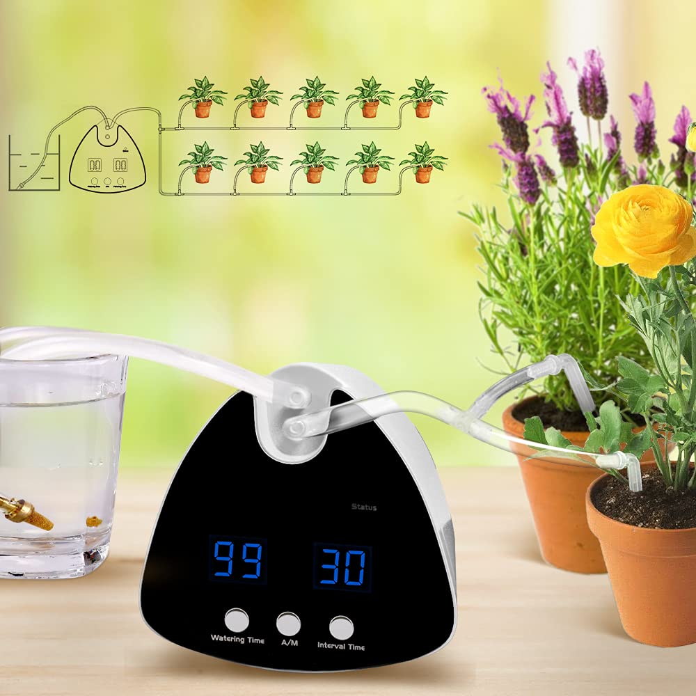 KiKiHeim Plant Watering System Automatic Plant Waterer, Drip Irrigation System Kit with 30 Day Programming Timer USB and Battery Power Self Watering Devics for Indoor Plants