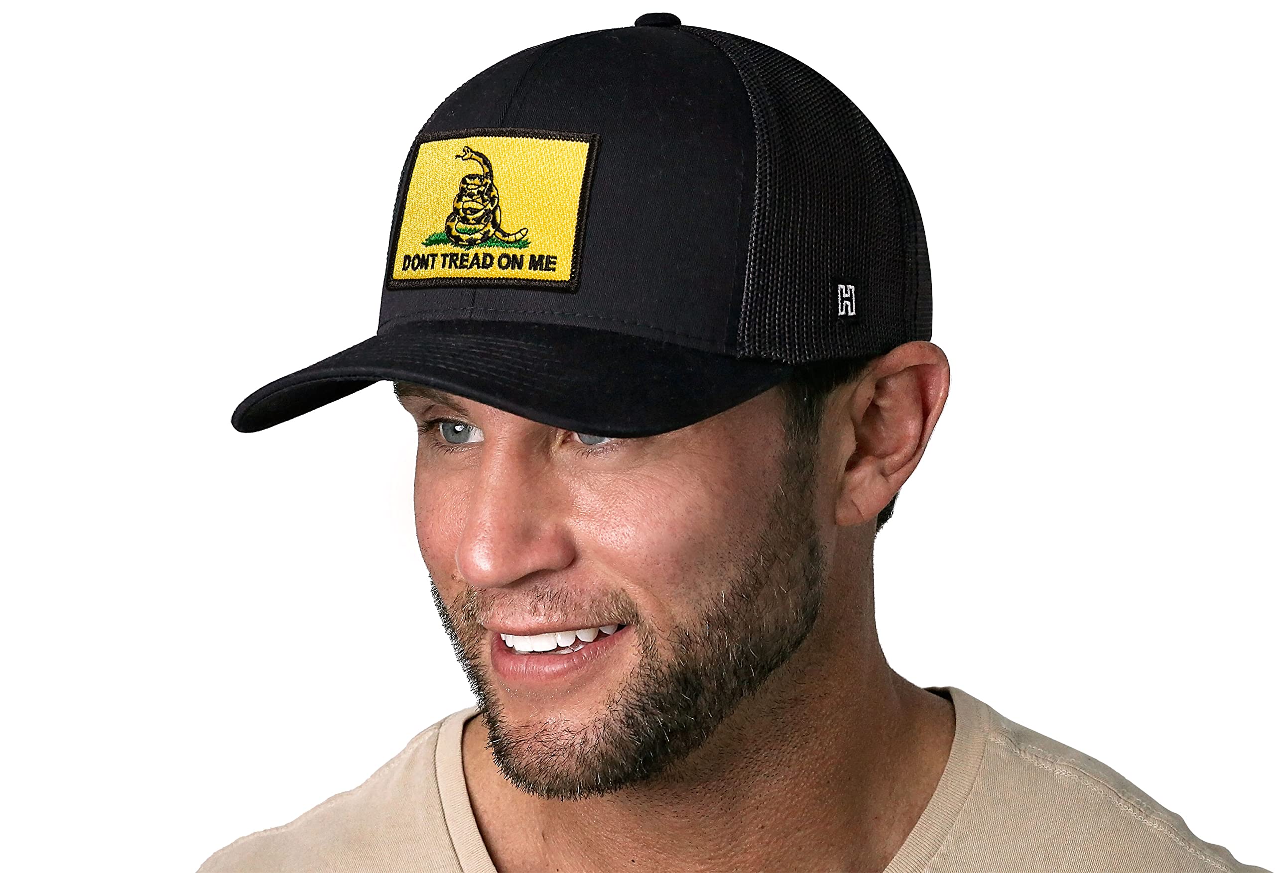 HAKA Dont Tread on Me Hat β Gadsden Flag Trucker Hat, Mesh Outdoor Hat for Men & Women, Adjustable Snapback Baseball Cap, Golf Hat Black