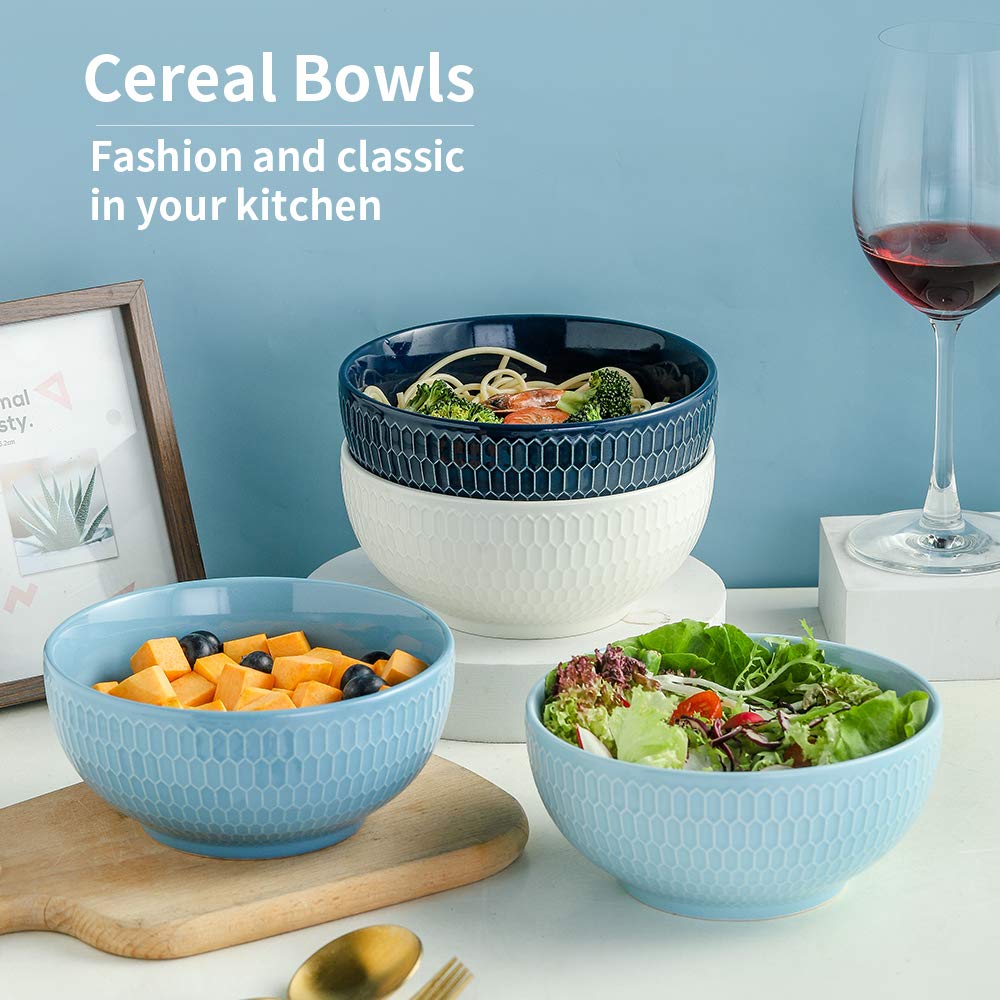 KOOV 24 Ounce Soup Bowl Set, Porcelain Cereal Bowls Microwave And Dishwasher Safe, Kitchen Bowls For Oatmeal Breakfast, Chip, Rice, Ceramic Bowls Set of 4 (Blue Series)
